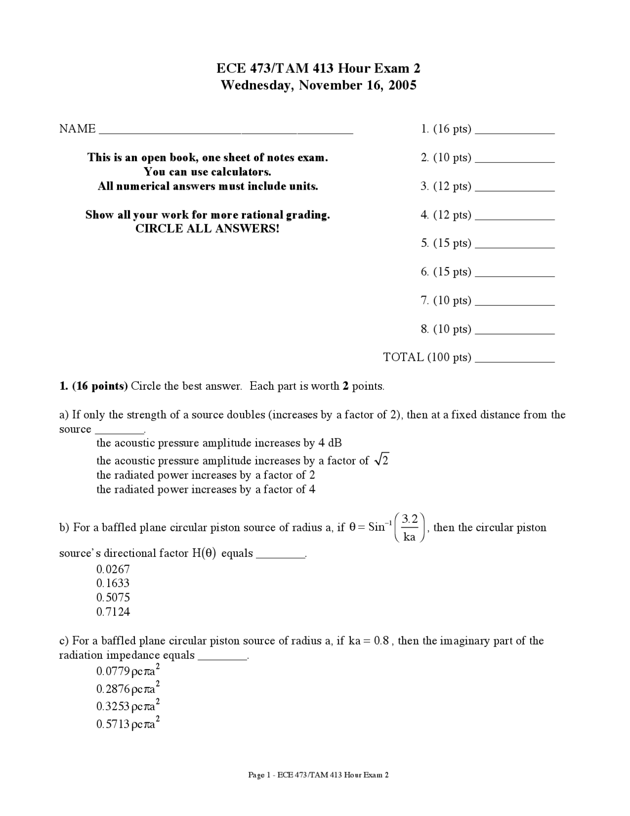 Exam 2 Questions Fundamental Of Engineering Acoustics Ece 473 Docsity