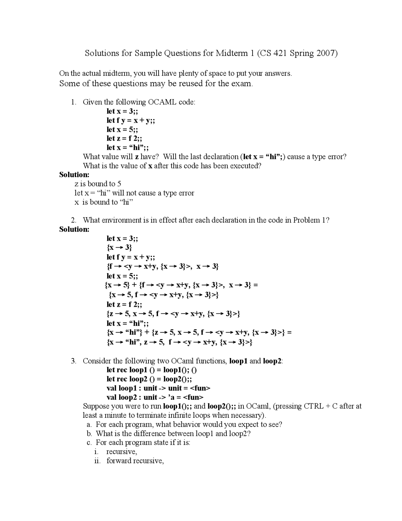 Solutions to Midterm 1 CS 421 Spring 2007: OCaml Programming | Exams Computer Science | Docsity