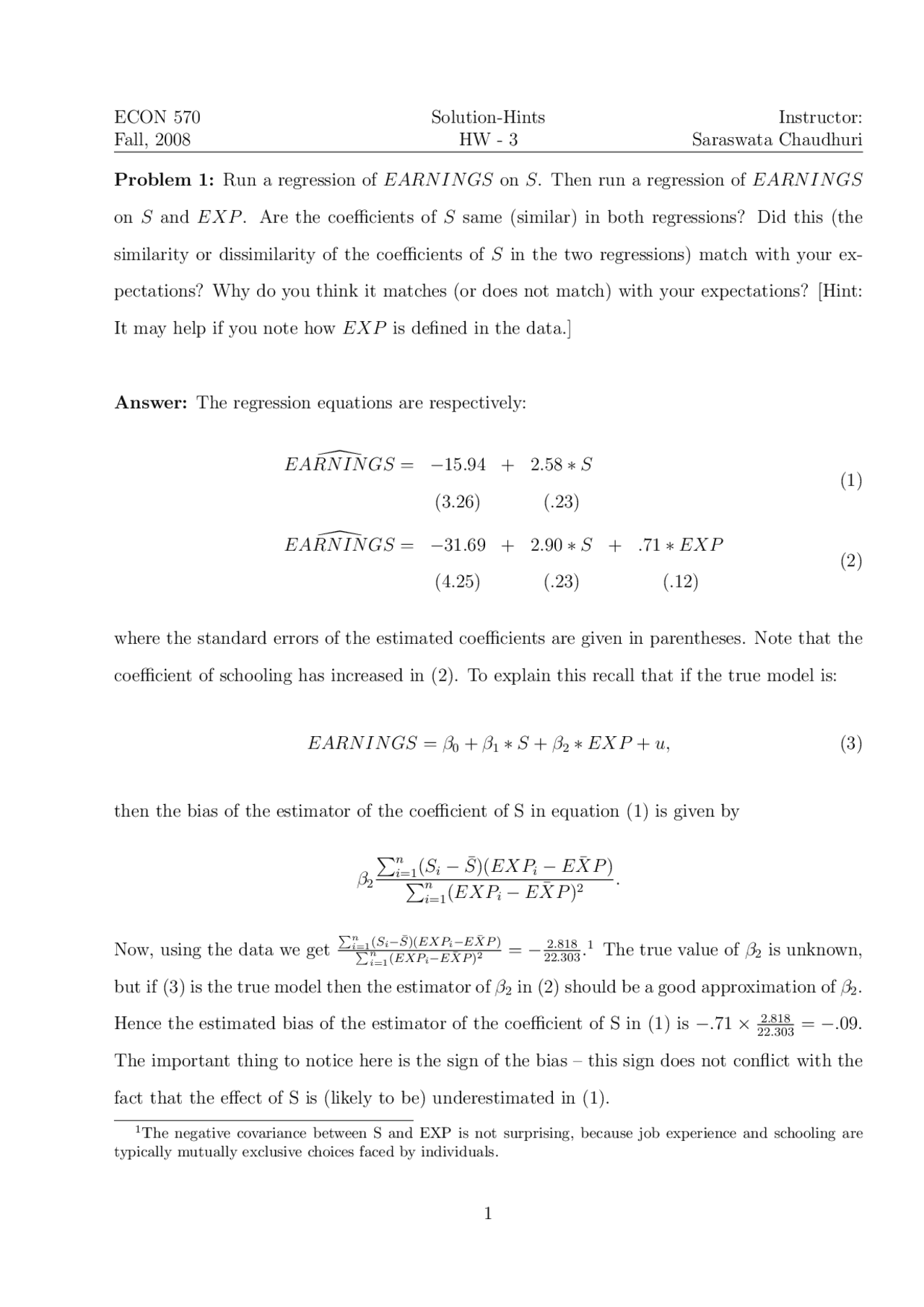 Homework 3 Solutions Economic Applications Of Statistical Analysis Econ 570 Docsity