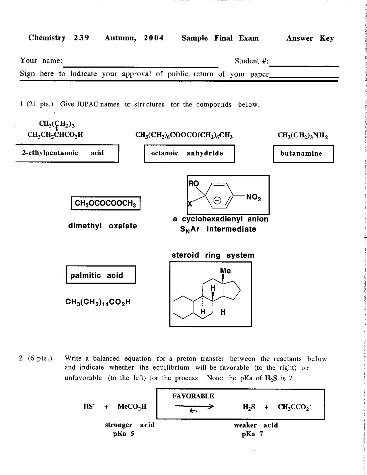 17 Questions With Solutions Final Exam Chem 239 Docsity