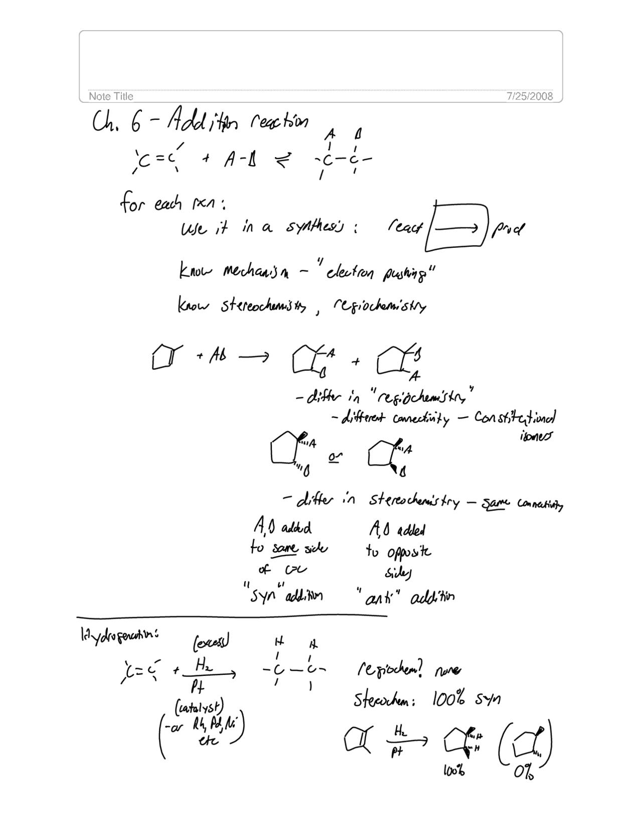 Handwritten Notes on Addition Reaction - Organic Chemistry | CHEM 237 ...