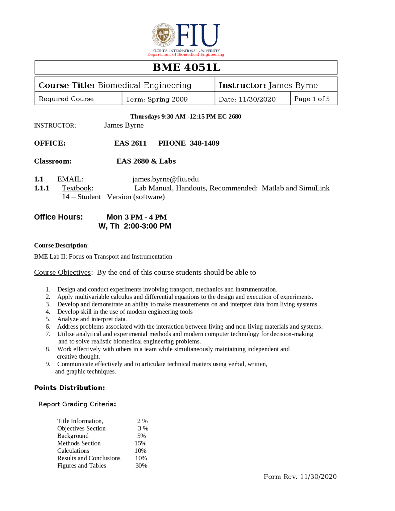 Syllabus On Biomedical Engineering Laboratory 2 Bme 4051 Docsity