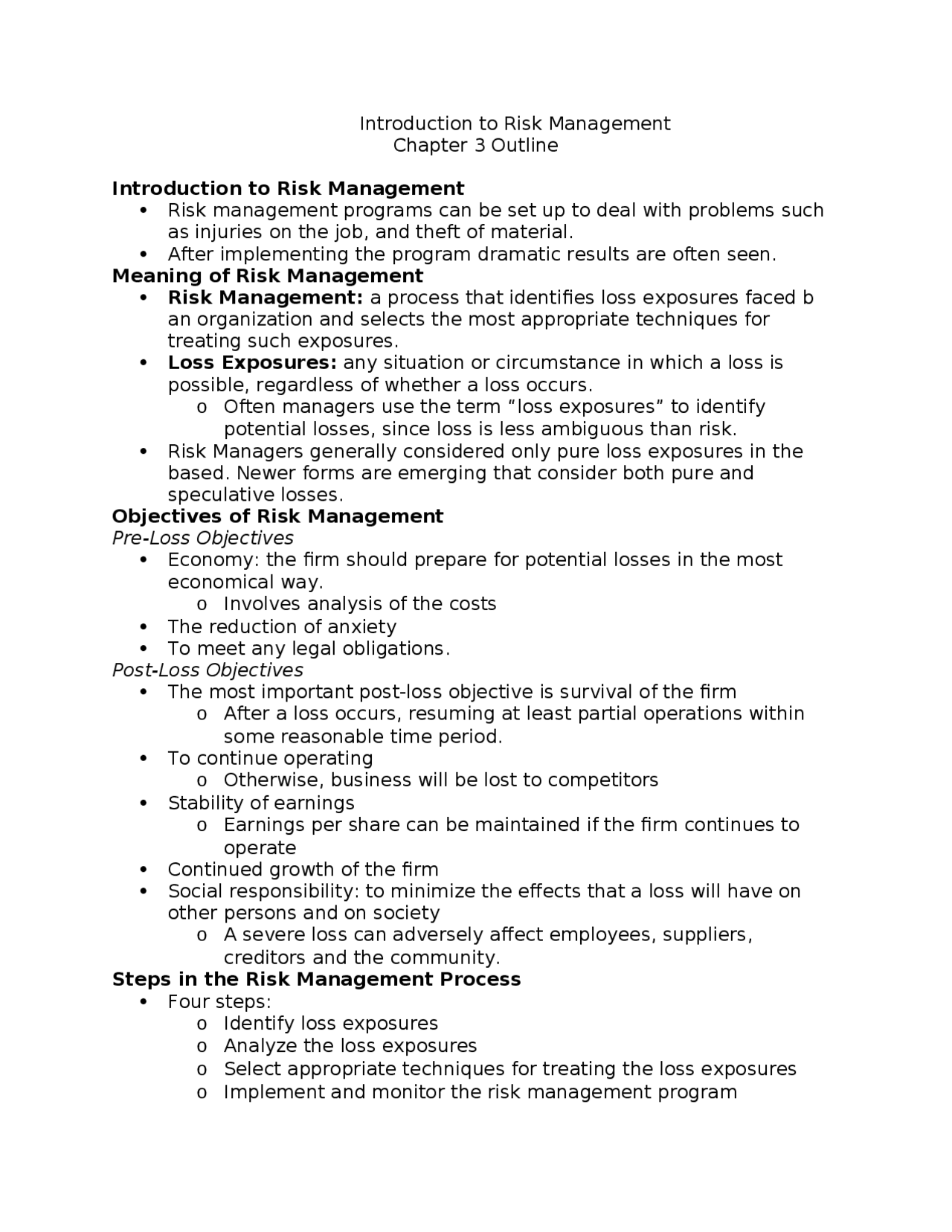 Introduction to Risk Management - Notes | FIN 3204 - Docsity