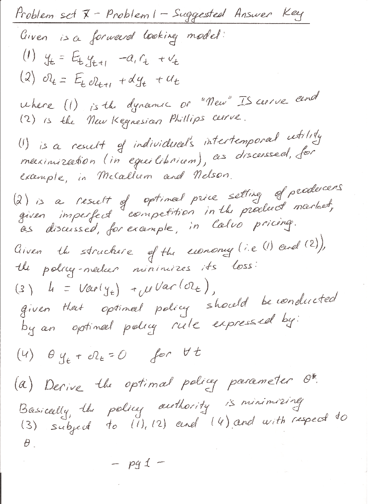Advanced Macroeconomic Theory I Solved Assignment 7 Econ 720 Docsity