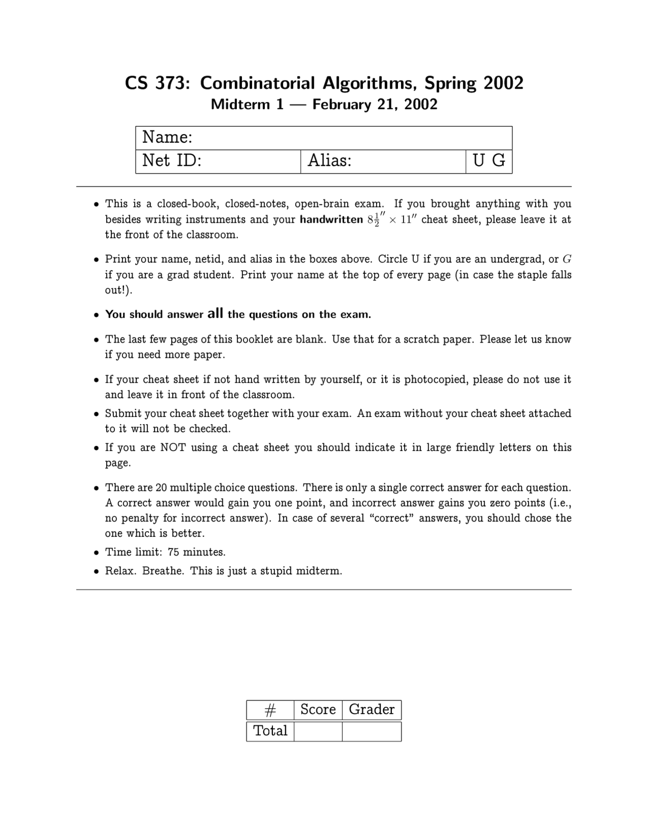 Midterm 1 Questions for CS 373: Combinatorial Algorithms - Prof. Sariel ...