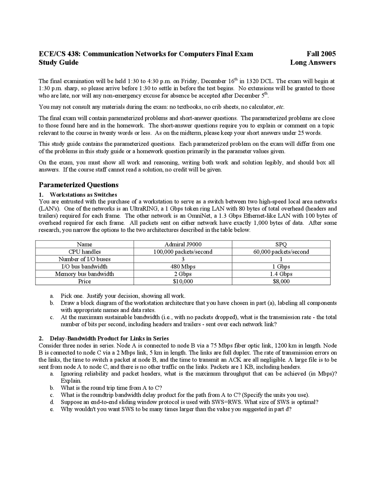 Study Guide for Final Exam | Communication Networks | CS 438 - Docsity