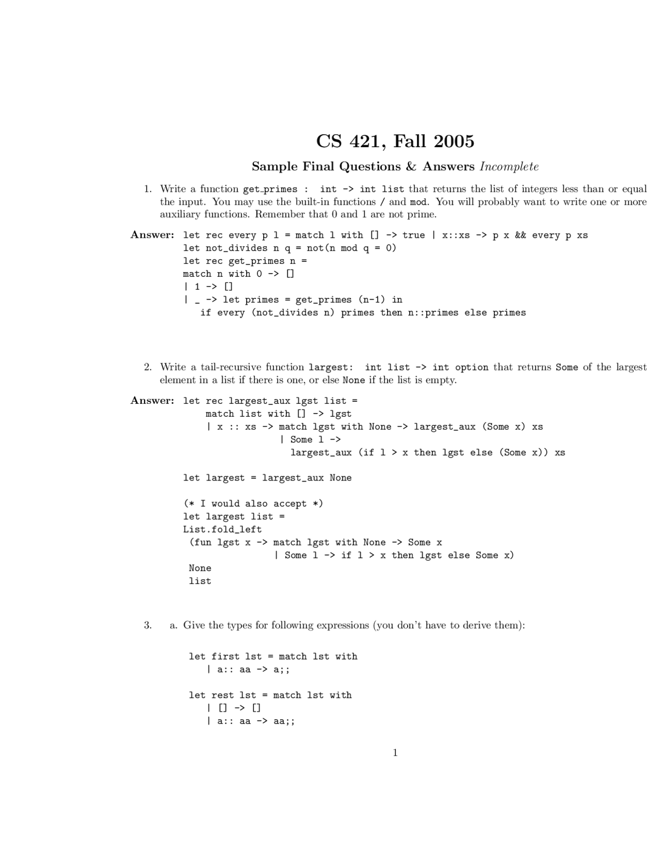 Sample Final Exam Questions With Answer Programming Language Cs 421