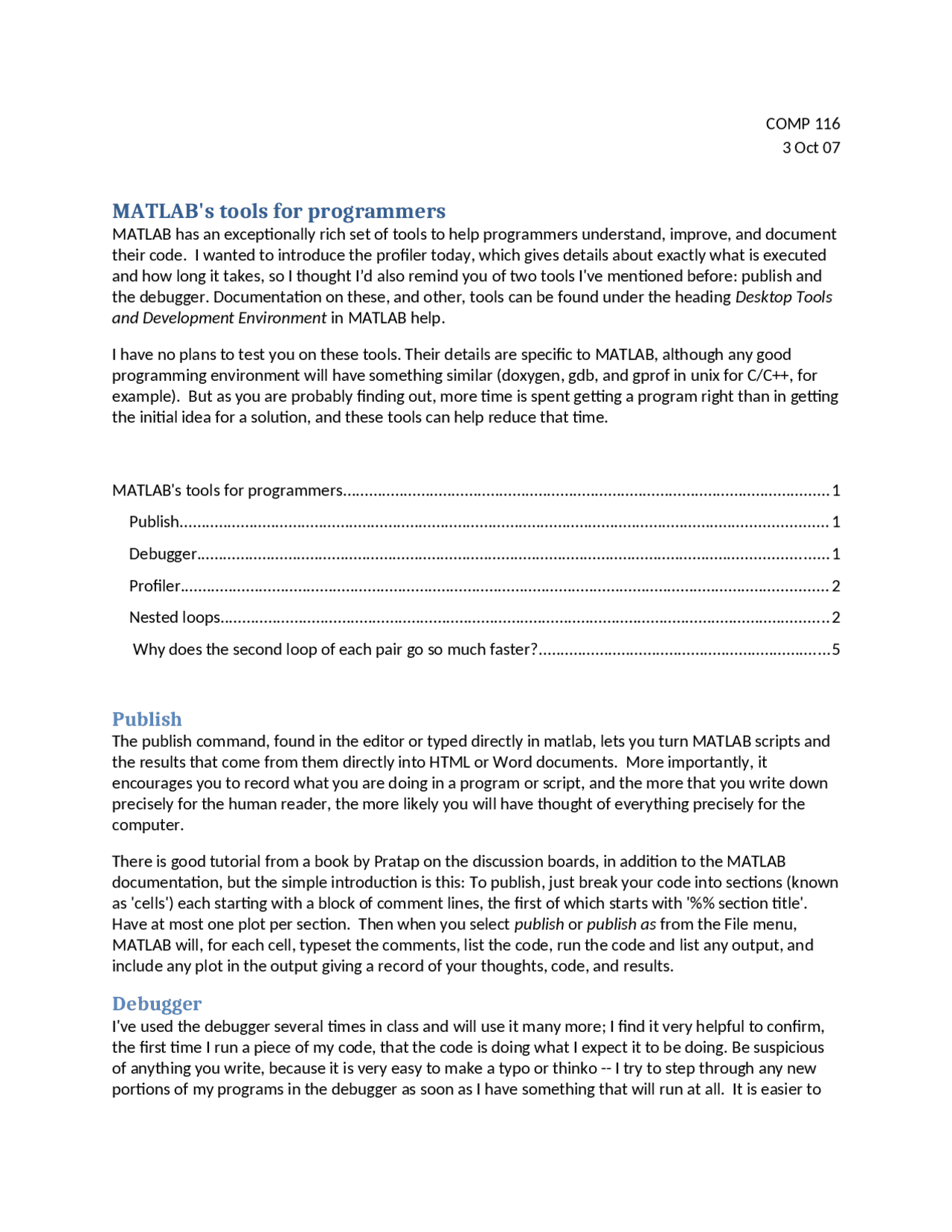 Matlabs Tools For Programmers Lecture Notes Comp 116 Docsity