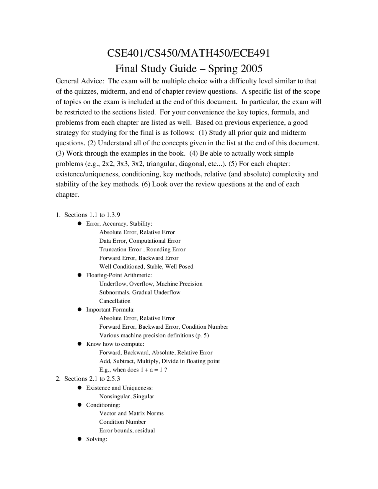 Introduction to Numerical Analysis - Study Guide | CSE 401 - Docsity