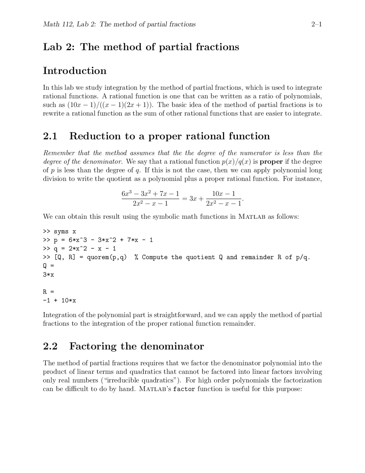 Lab 2 The Method Of Partial Fractions Calculus Ii Math 112 Docsity