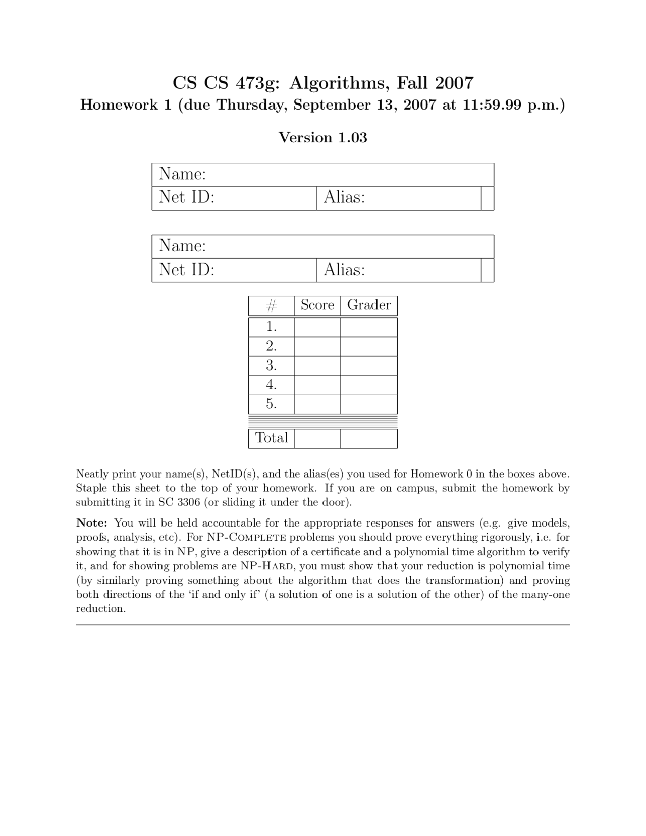 Homework 1 With 5 Questions Fundamental Algorithms Fall 2007 Cs