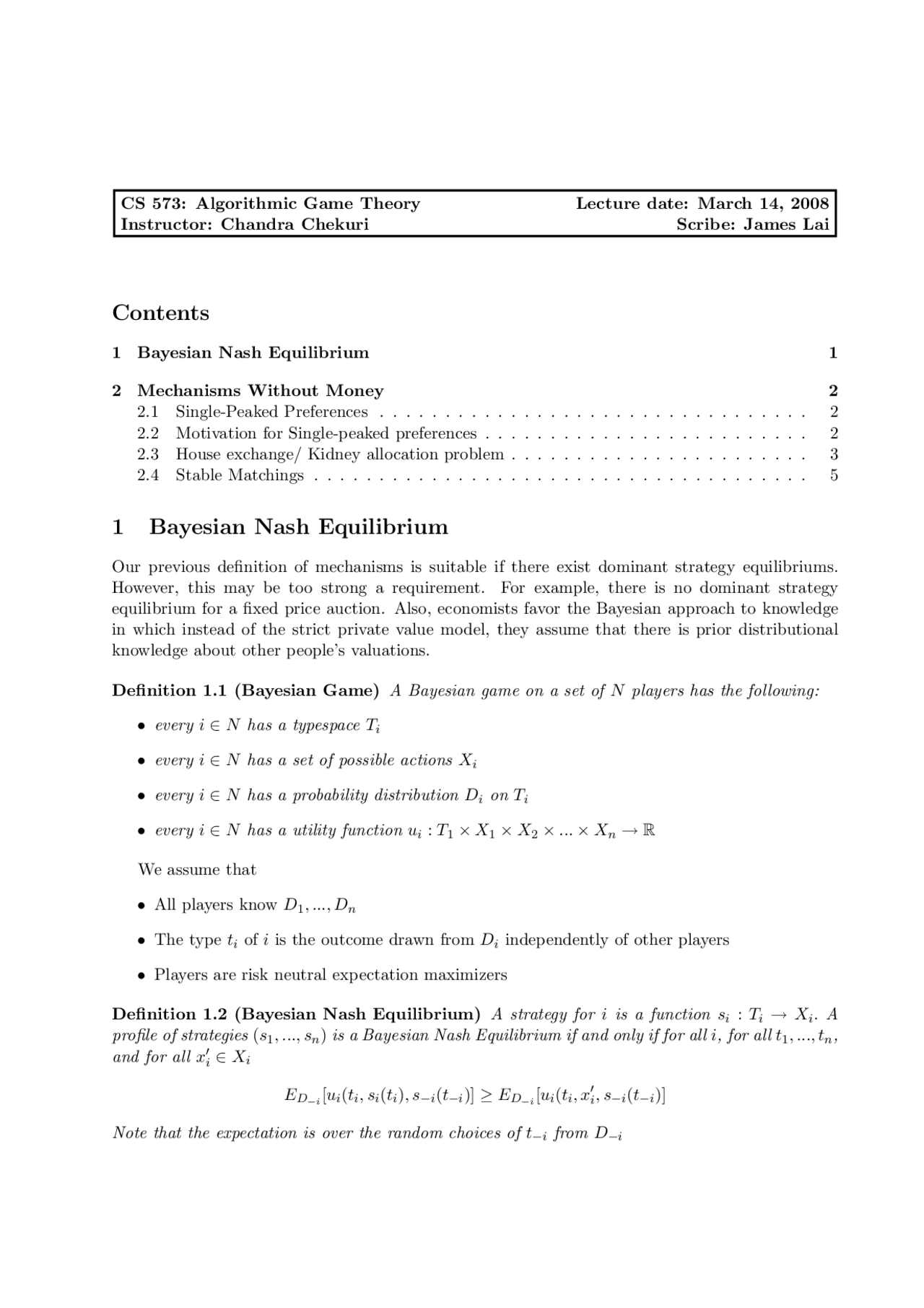 Bayesian Nash Equilibrium and Mechanisms Without Money in Algorithmic ...