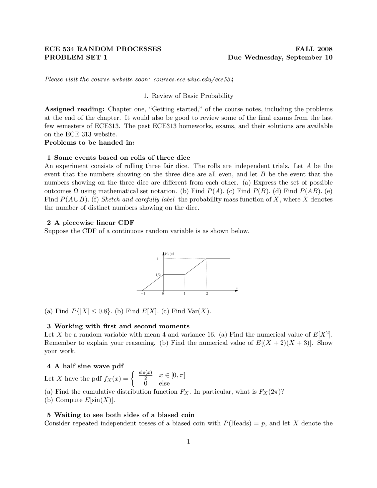 10 Practice Problems On Random Processes Problem Set 1 Ece 534