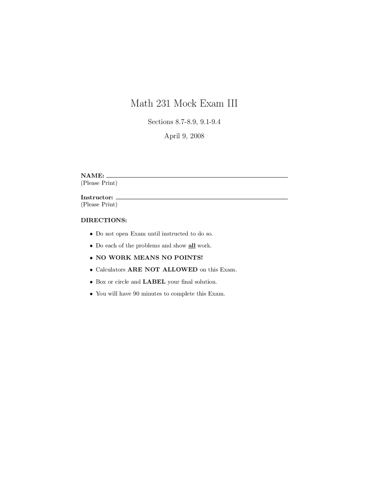 9 Problems On Calculus Ii With Solution Exam Math 231 Docsity
