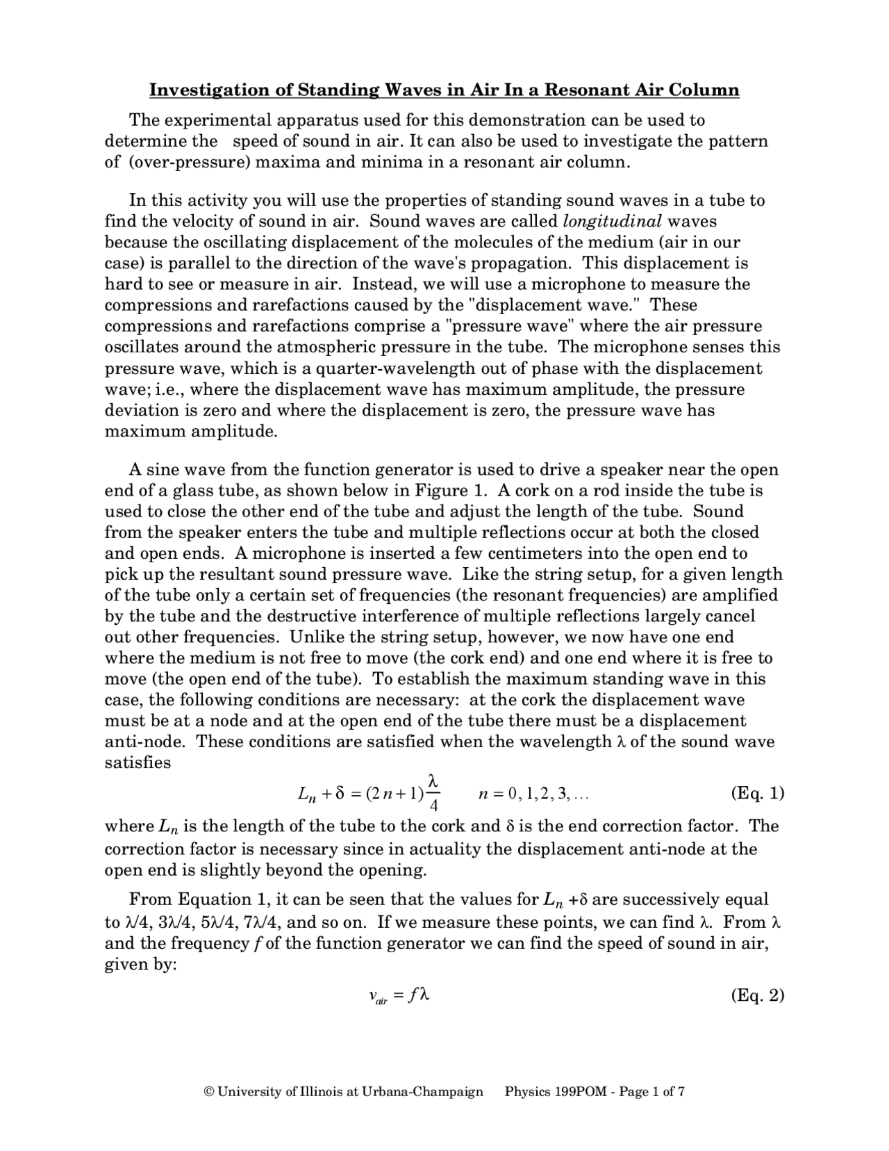 Investigation In Standing Waves In Air In A Resonant Air Column Phys