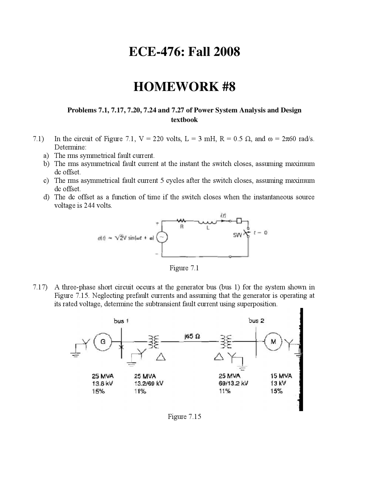 5 Questions on Power System Analysis - Homework 8 | ECE 476 - Docsity