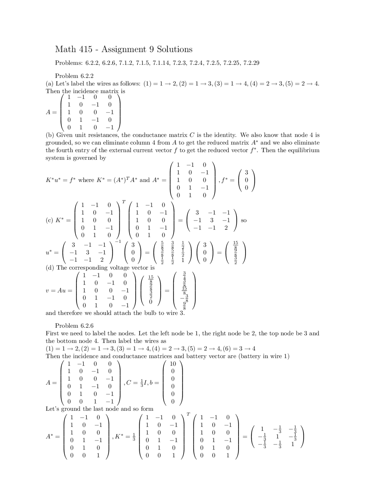 Assignment #9 Solutions - Applied Linear Algebra | MATH 415 - Docsity