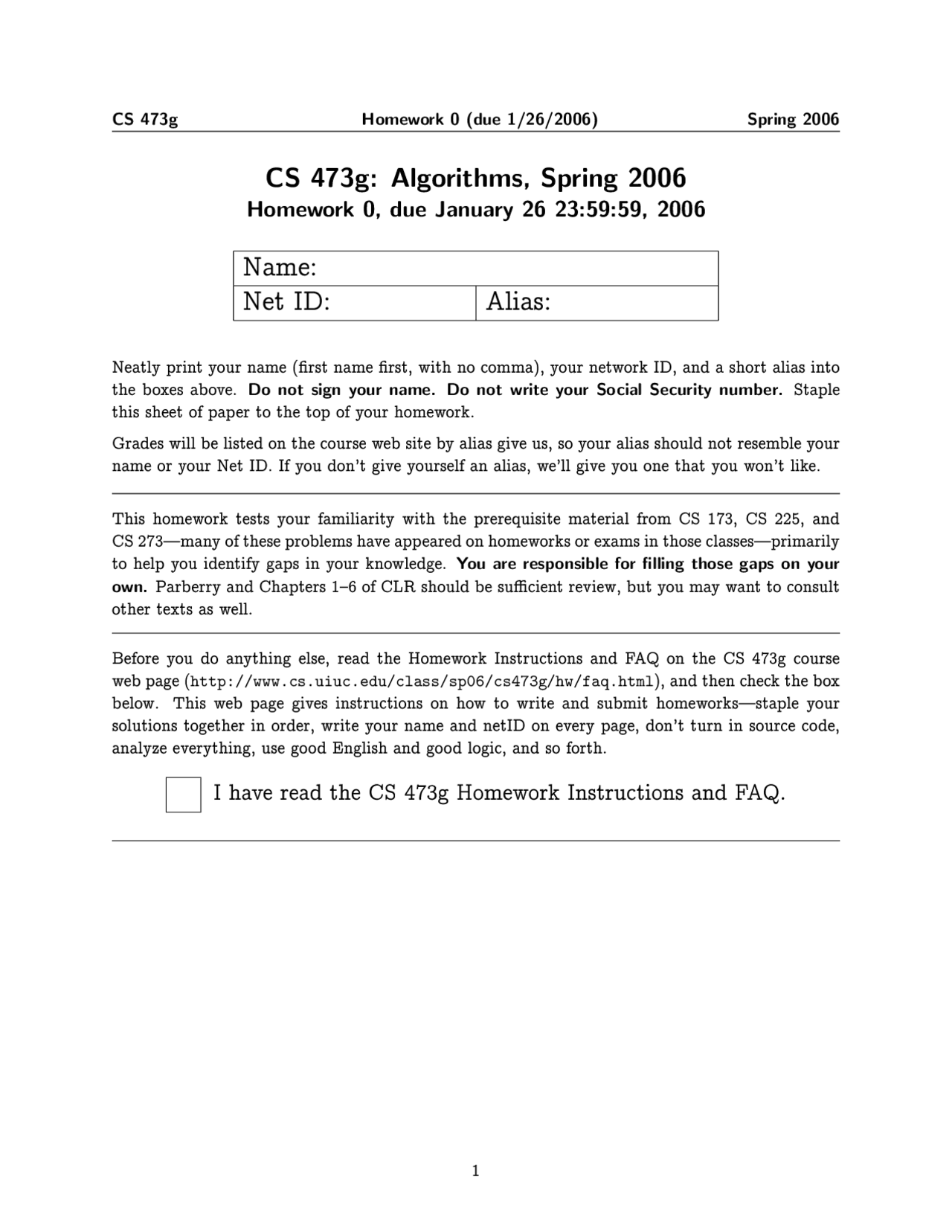 Homework Questions Fundamental Algorithms Fall 2006 Cs 473 Docsity
