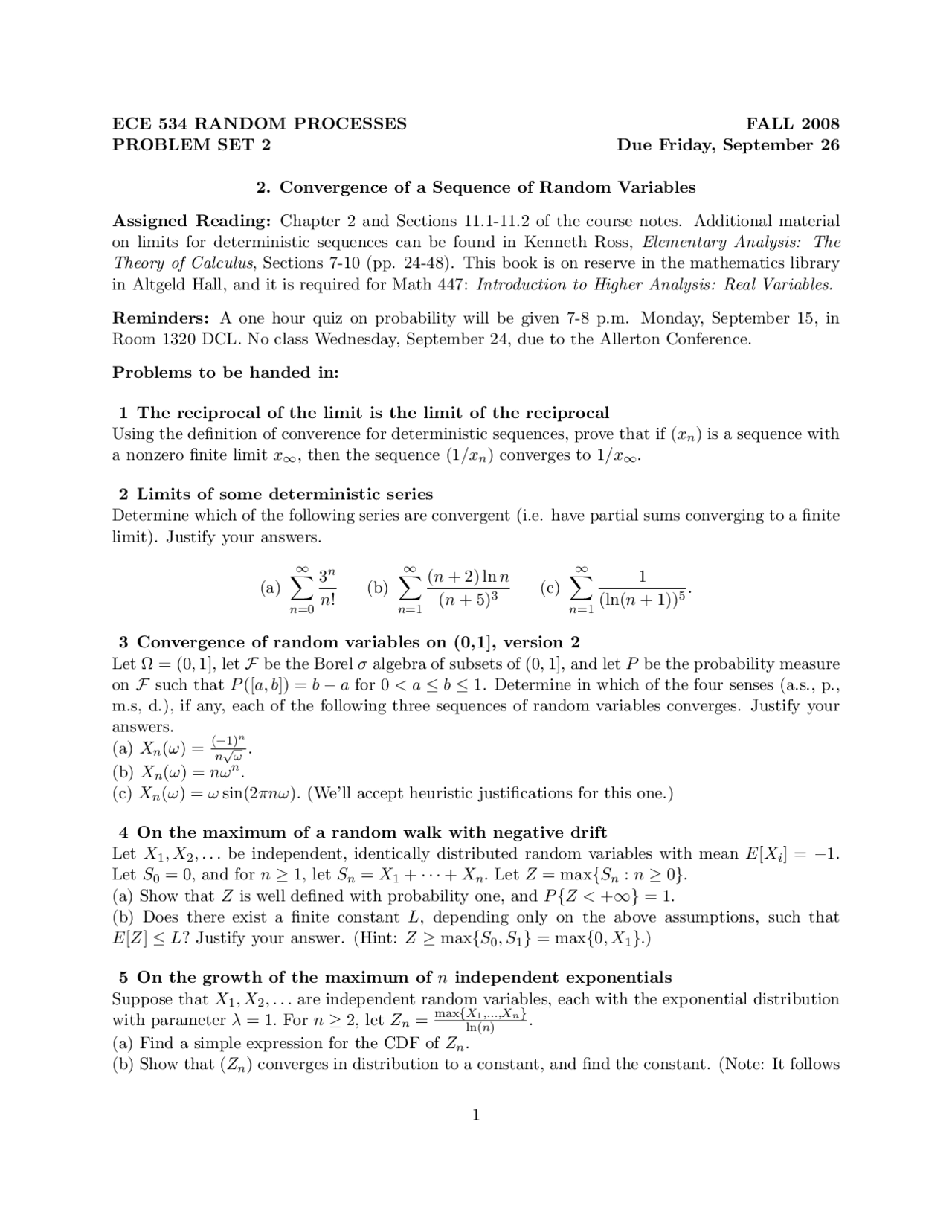 Problem Set 2 Convergence Of A Sequence Of Random Variables Ece 534