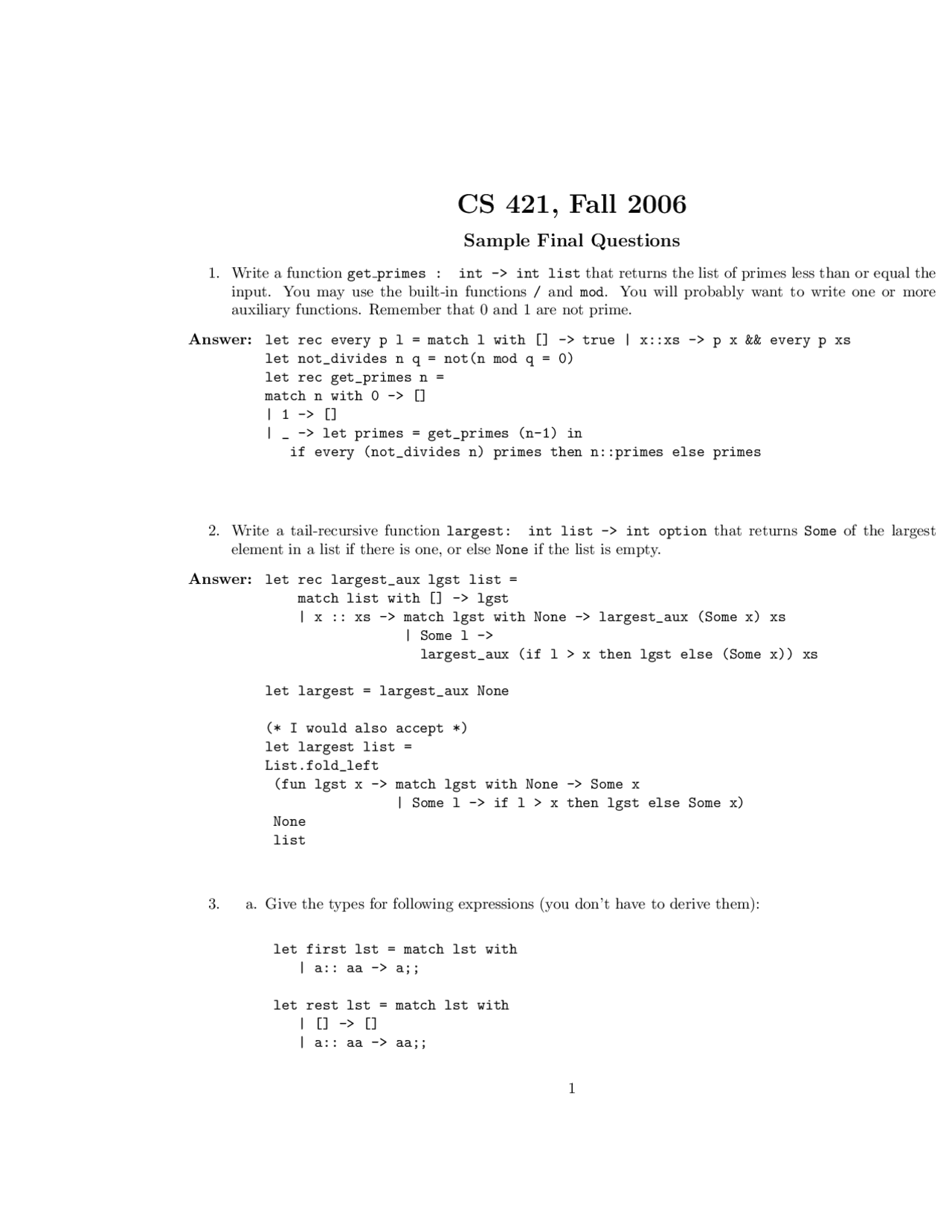 Sample Final Exam Questions Programming Languages And Compilers Cs