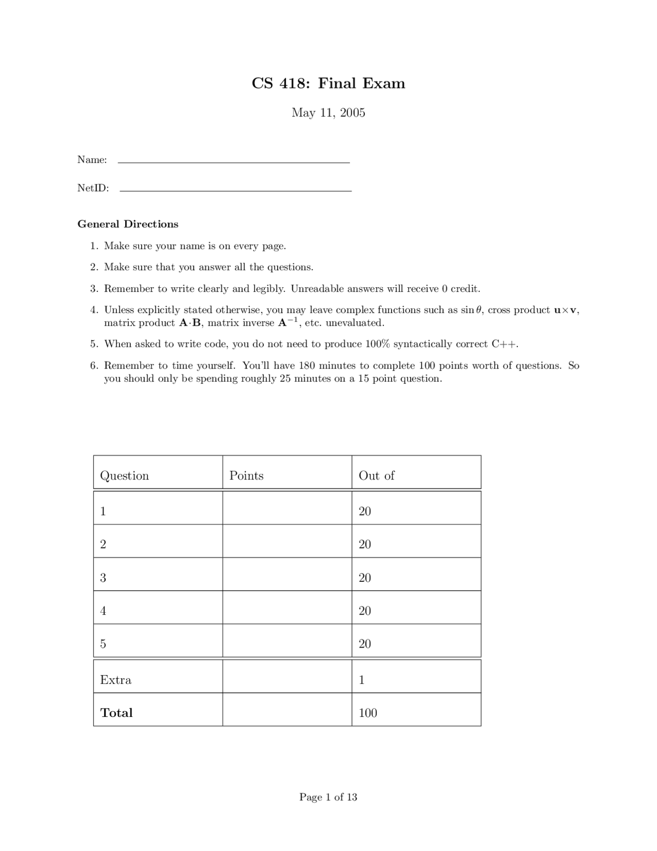 General Directions For Final Exams Interactive Computer Graphics Cs