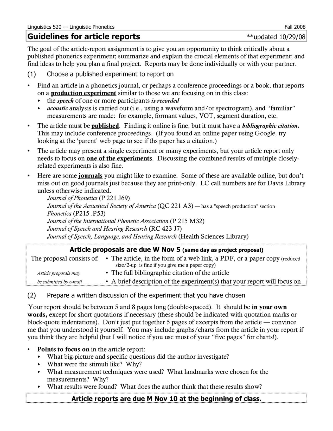 Guidelines for Article Reports - Linguistic Phonetics | LING 520 - Docsity