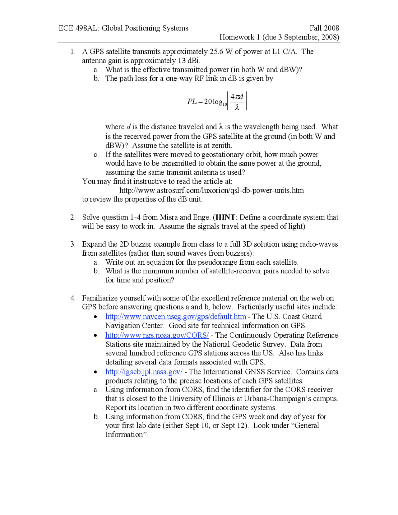 Global Positioning Systems Homework 1 Fall 2008 Ece 498 Docsity