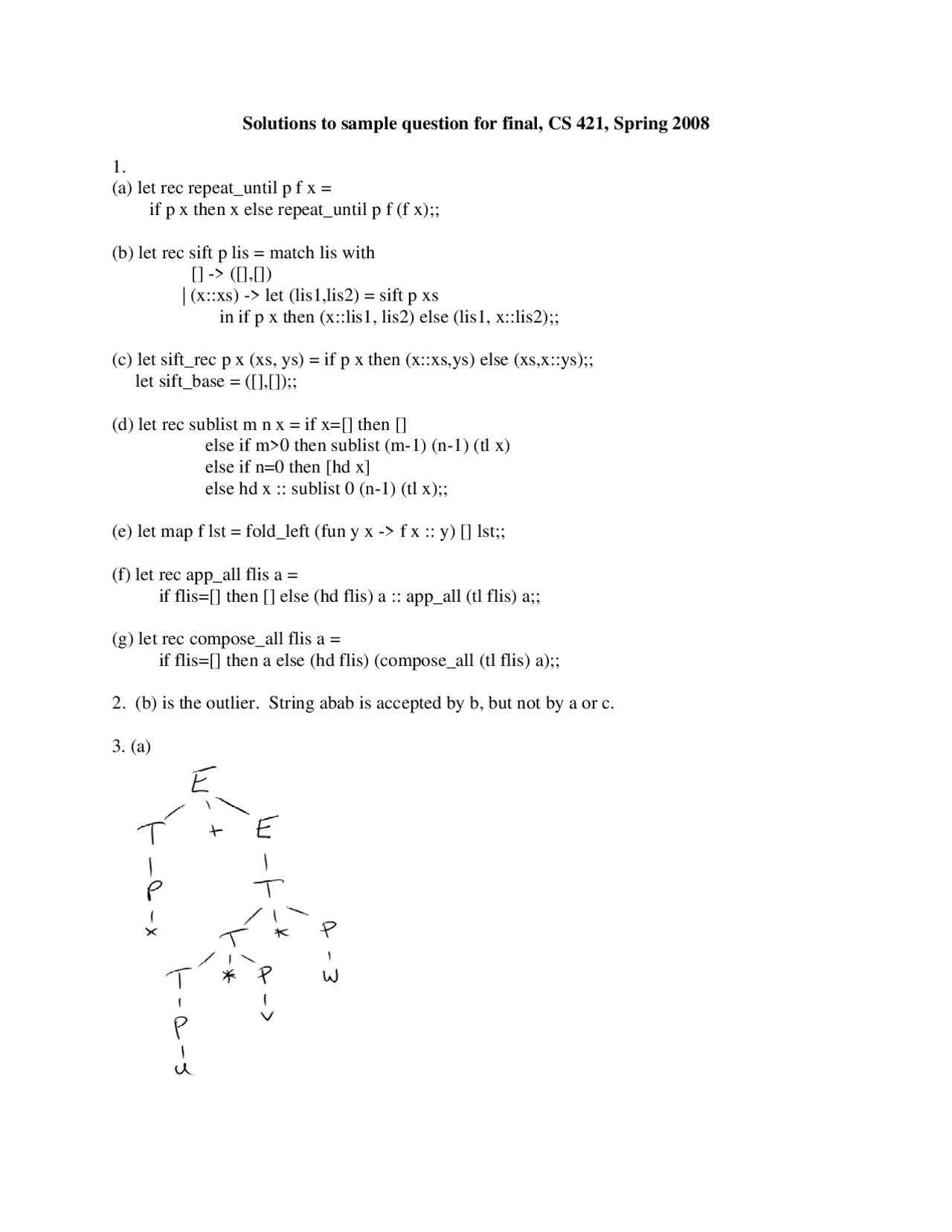 Solutions To Questions For Final Programming Languages And Compilers Cs 421 Docsity