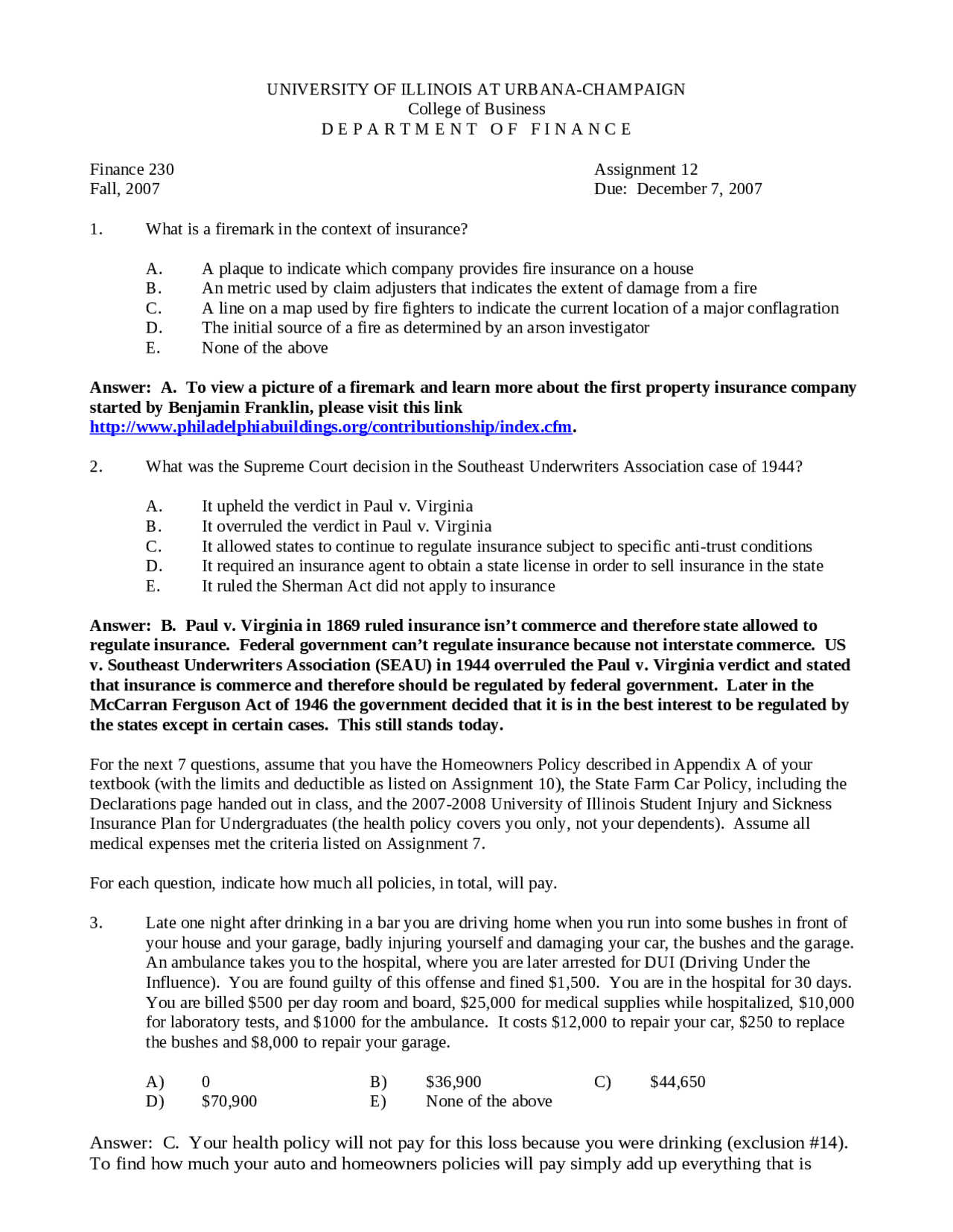 10 Solved Questions For Assignment 12 Introduction To Insurance Fin