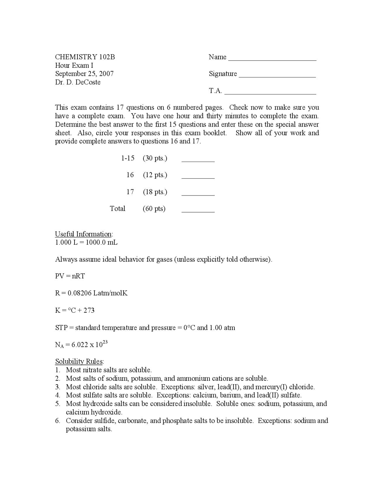 Solubility Rules - General Chemistry I, Exam 1 with Solution | CHEM 102 ...