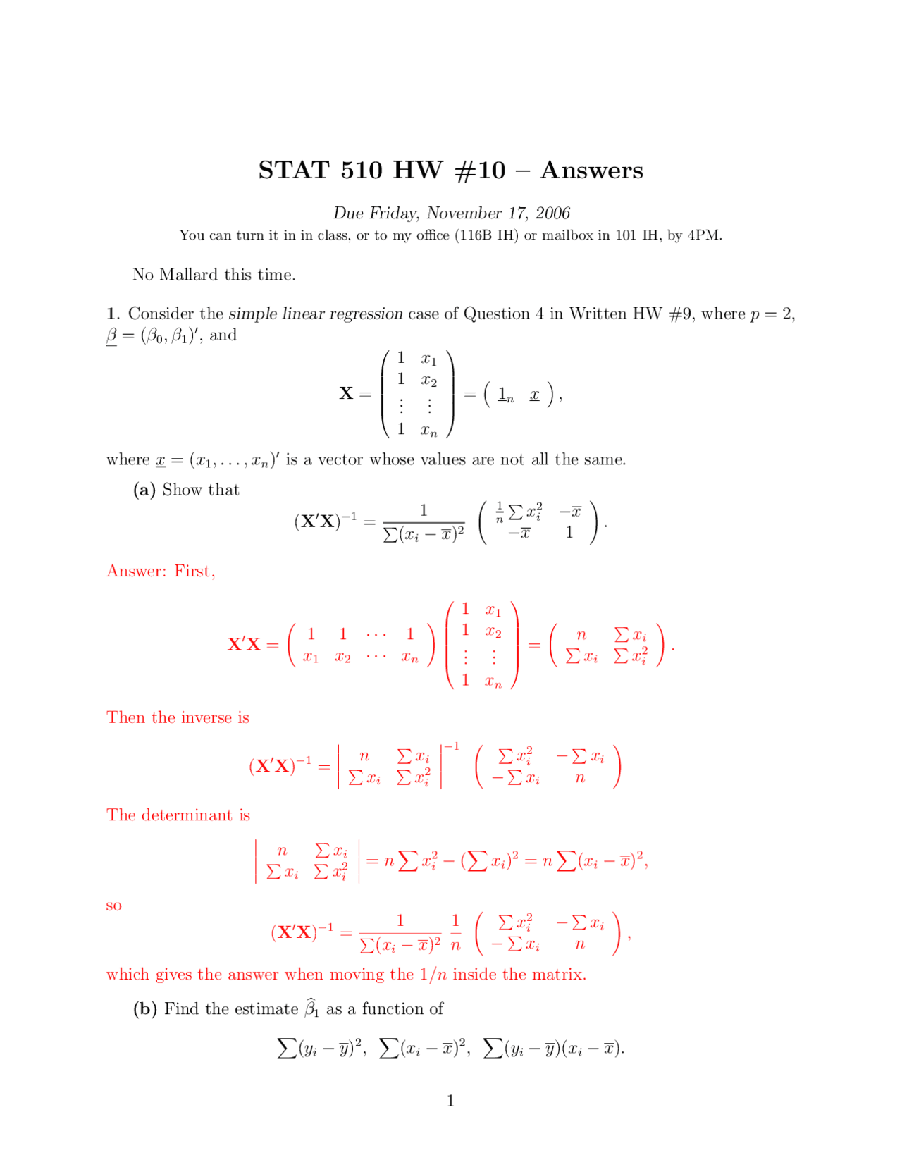 Homework 10 With Answers Mathematical Statistics I Stat 510 Assignments Mathematical