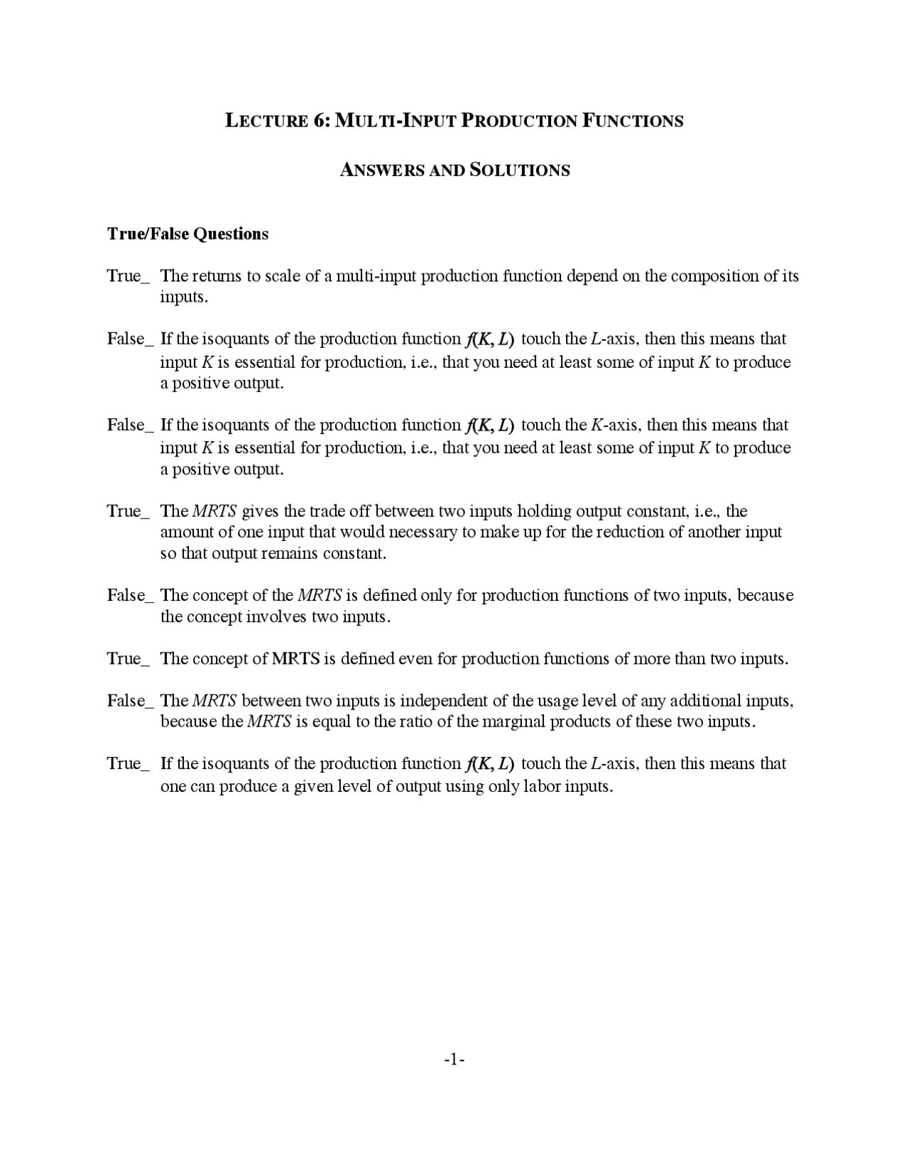 Multi Input Production Functions - Microeconomic Theory - Handout | ECON 302 - Docsity