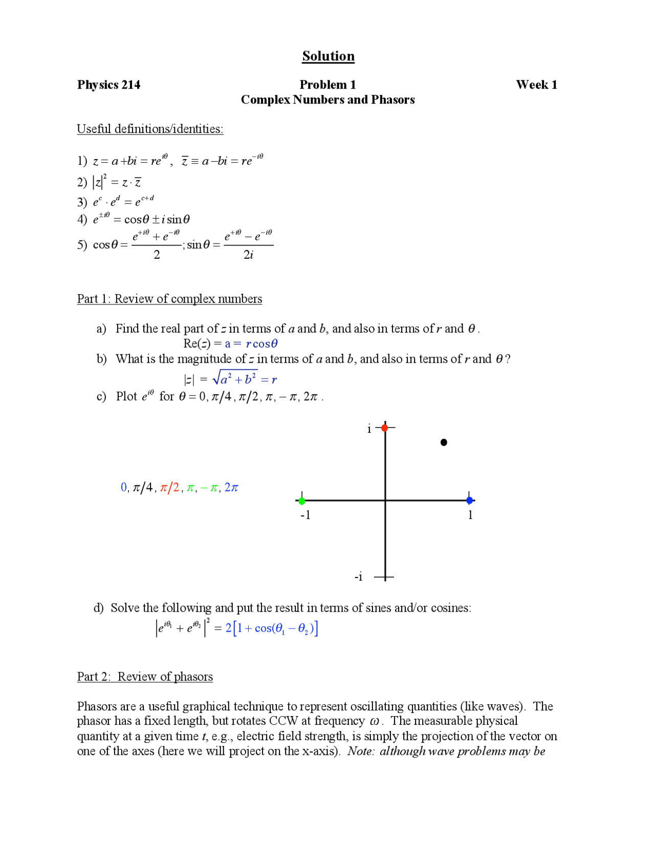 Solved Problems on Complex Number and Phasors in Quantum Physics - Project | PHYS 214 | Study ...