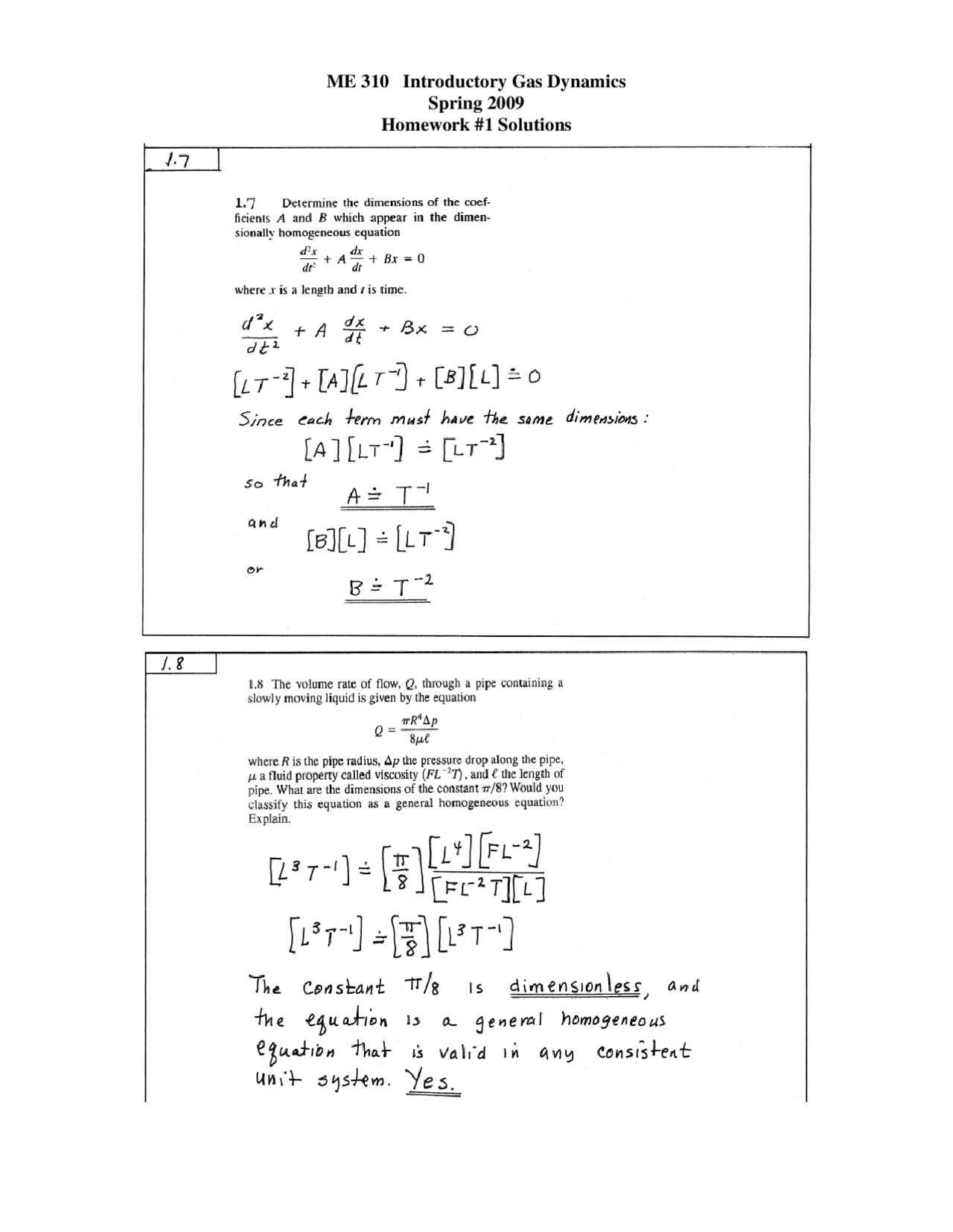 Homework 1 Solutions Fundamentals Of Fluid Dynamics Me 310 Docsity