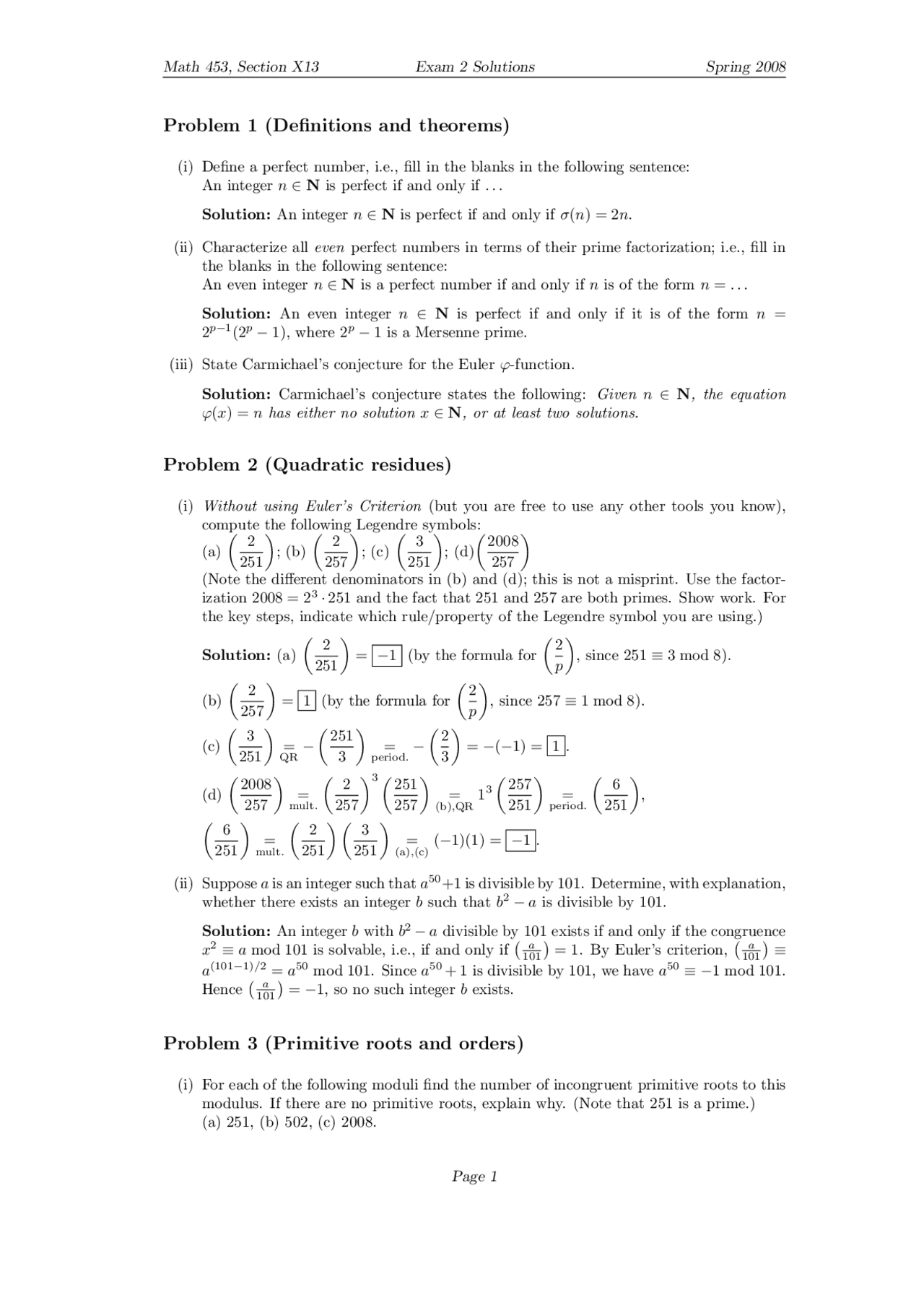 Exam 2 Solutions For Elementary Theory Of Numbers Math 453 Docsity