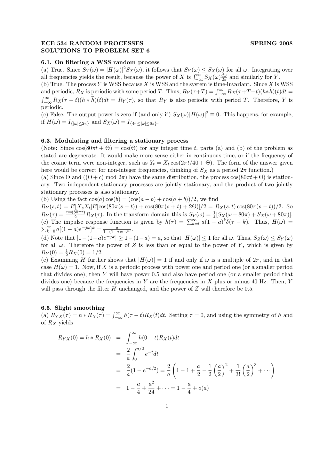 Solutions To Problem Set 6 Random Processes Ece 534 Docsity