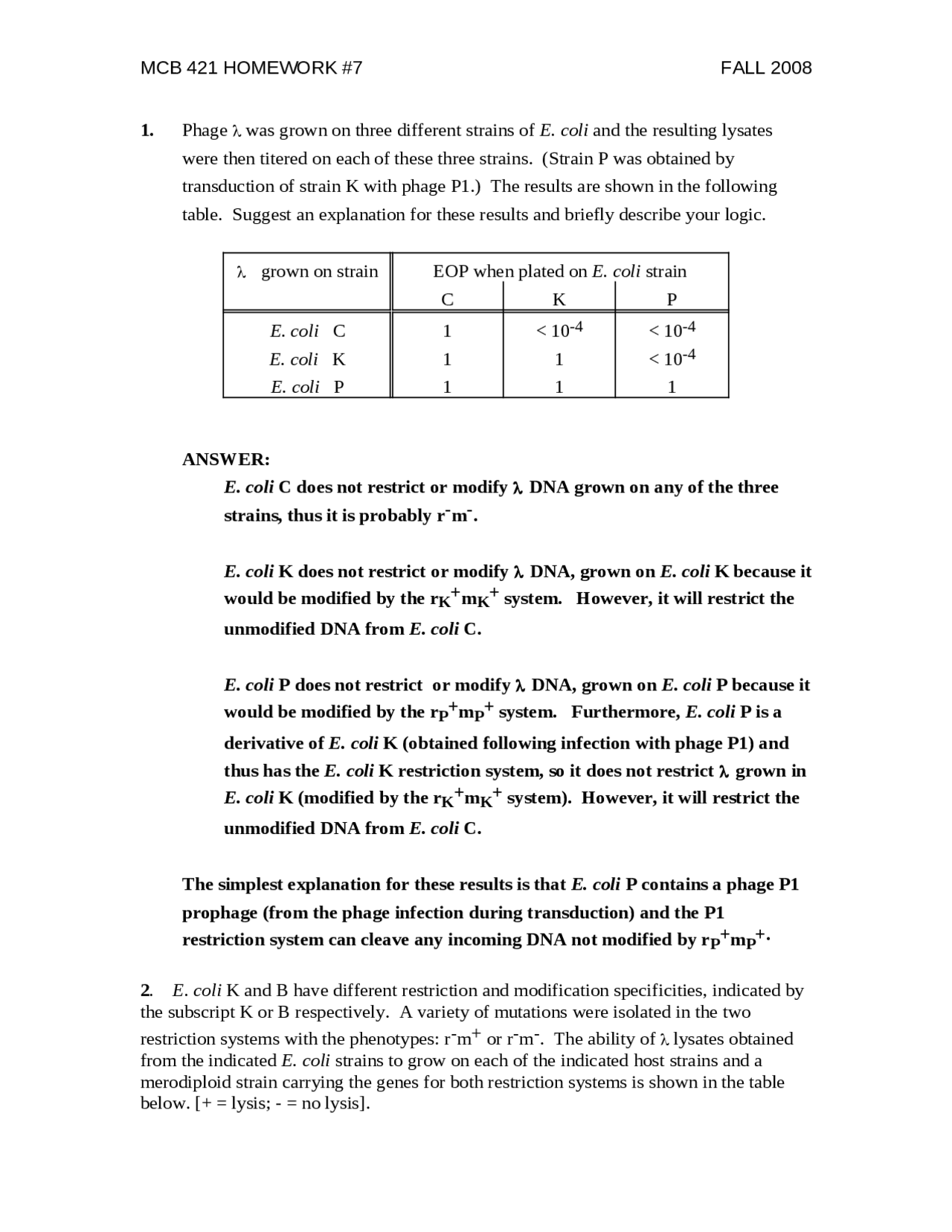 Homework 7 Solutions - Microbial Genetics | MCB 421 - Docsity