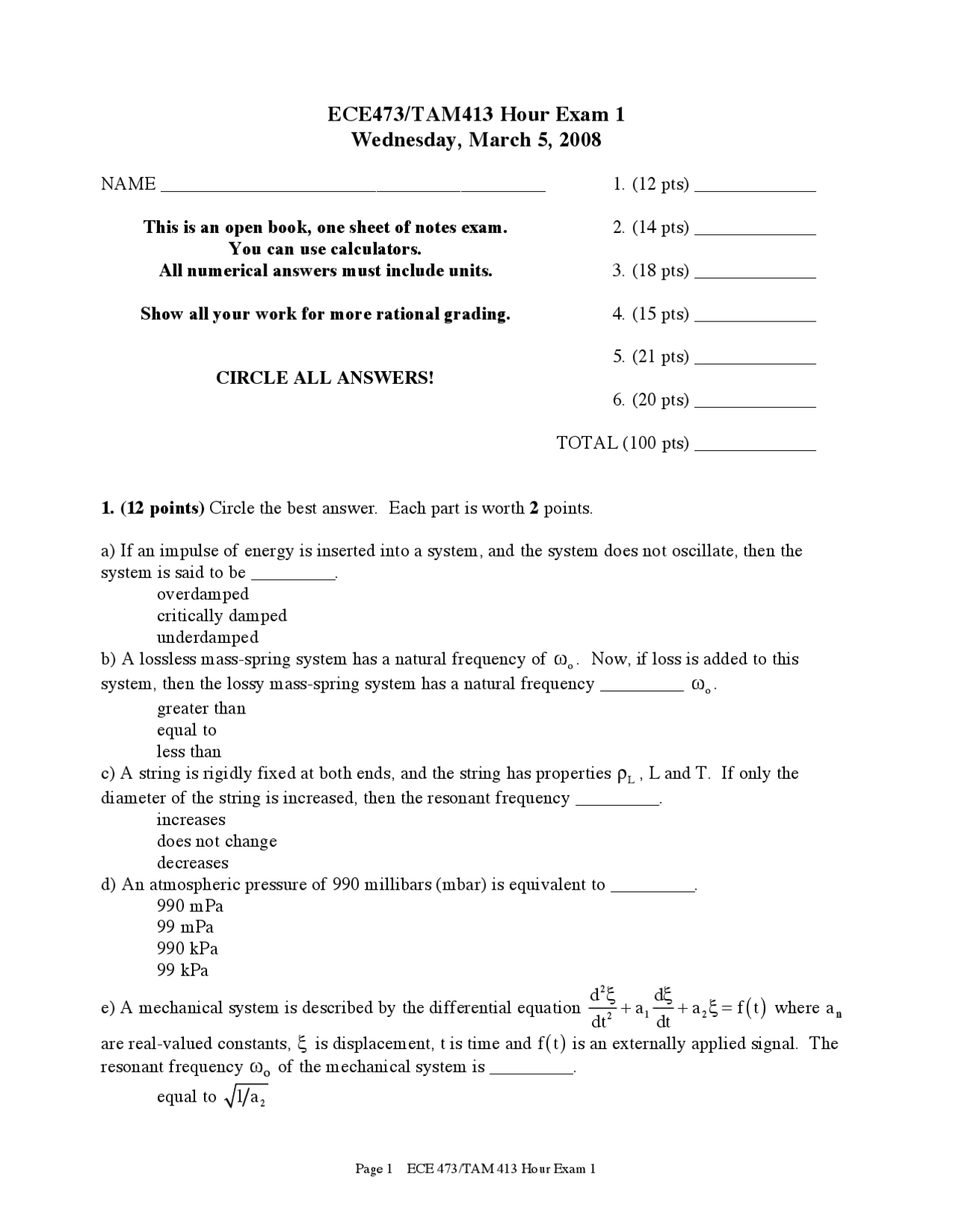 Exam 1 For Fundamentals Of Engineering Acoustics Ece 473 Docsity