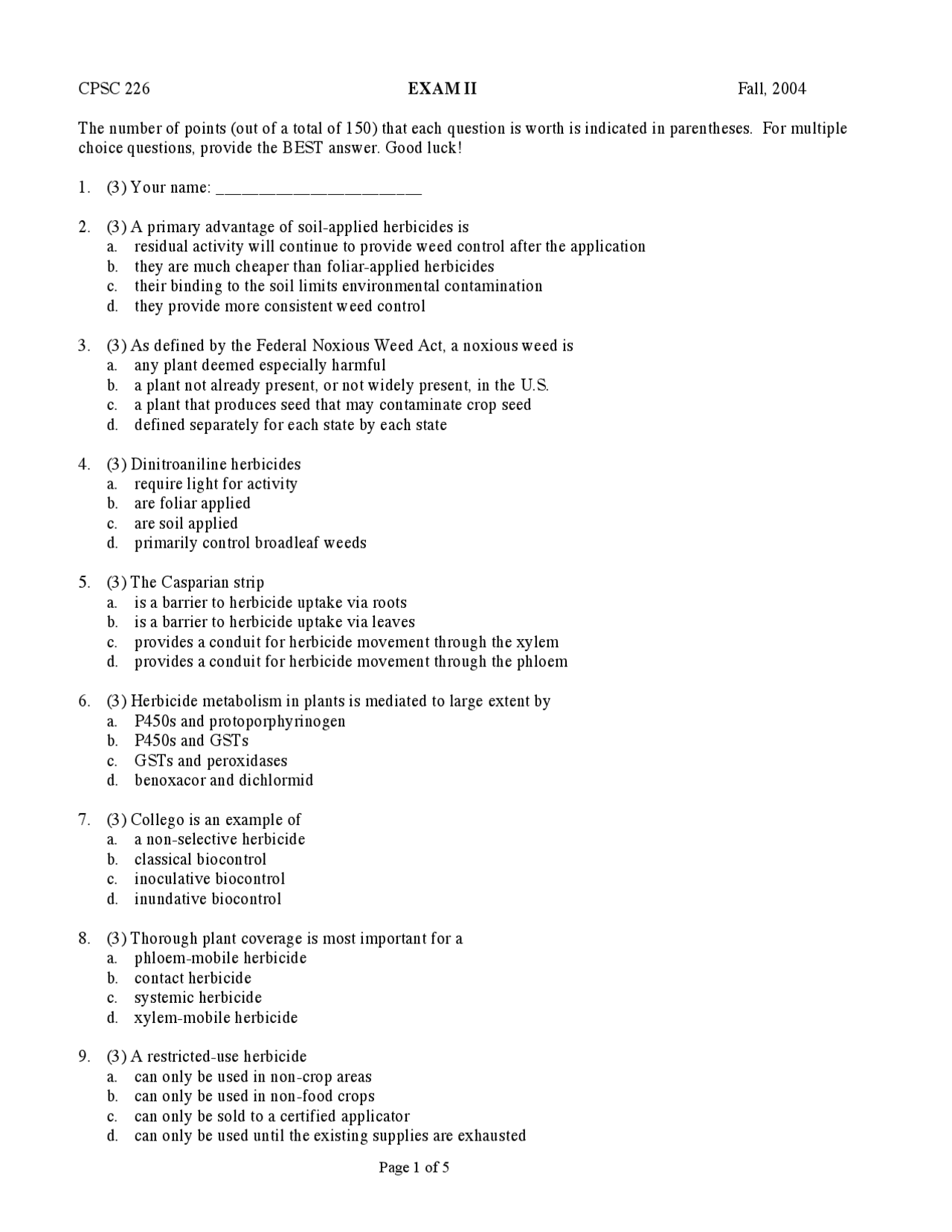41 Questions On Introduction To Weed Science Exam Cpsc 226 Docsity