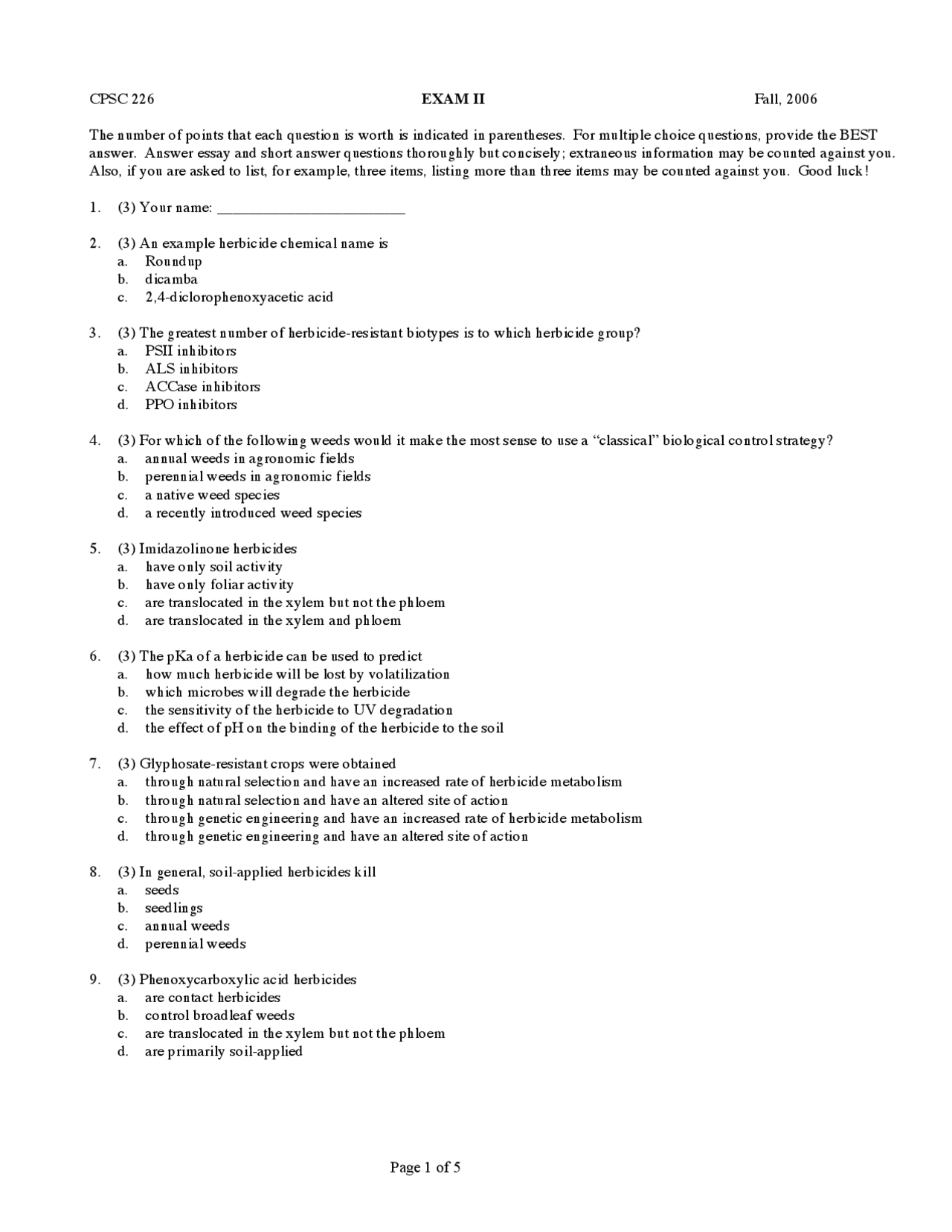 Exam Paper For Introduction To Weed Science 2006 Cpsc 226 Docsity