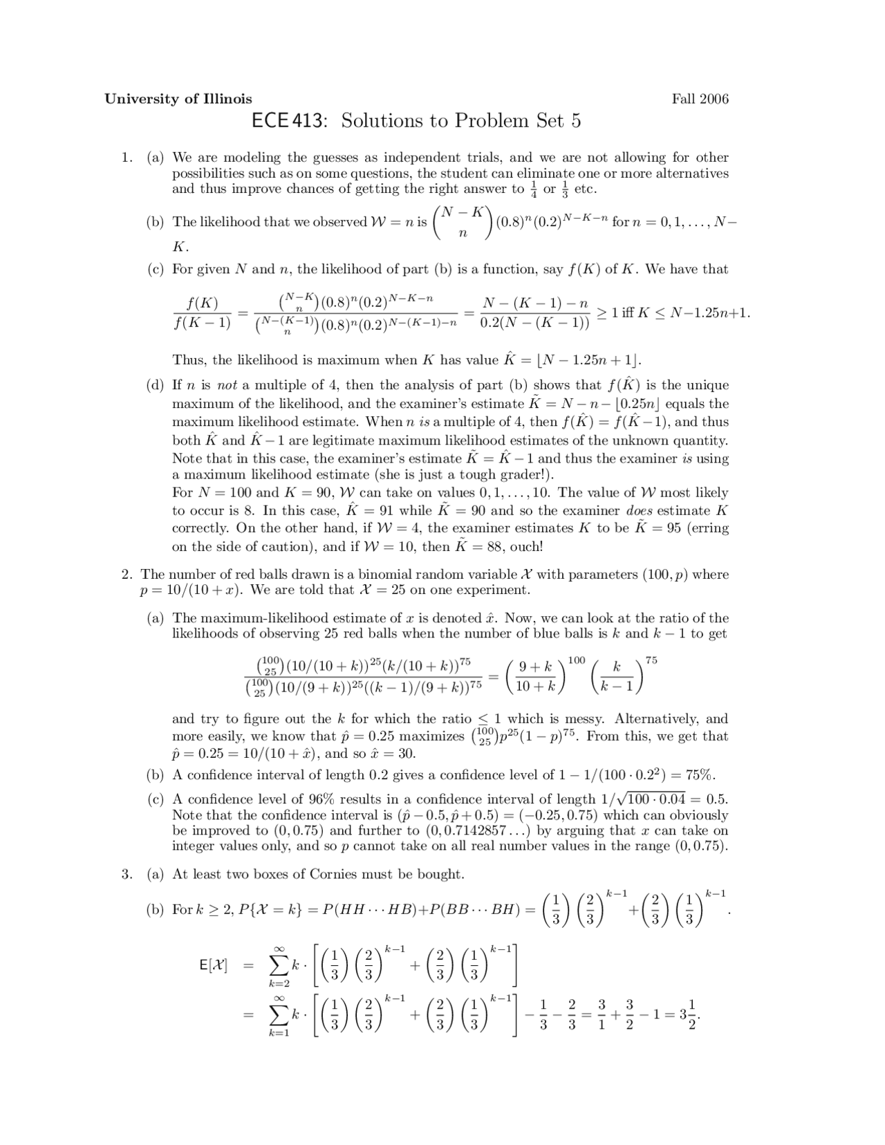 Solutions to Problem Set 5 - Probability with Engineering Applications ...