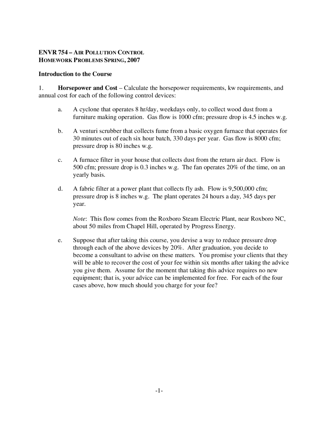 Homework Problems Air Pollution Control Envr 754 Docsity