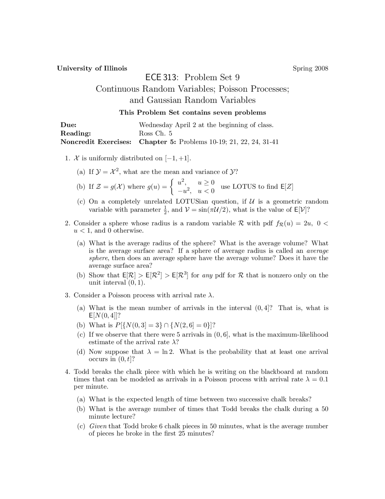 7 Questions for Assignment 7 - Probability with Engineering Applications | ECE 313 - Docsity