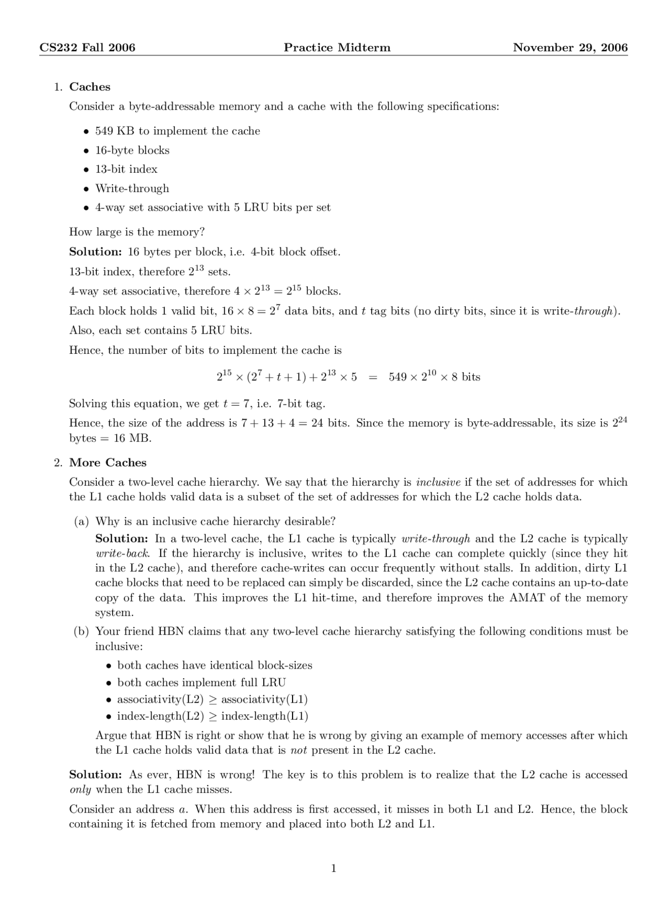 Cashes On Computer Architecture Ii Midterm Exam Cs 232 Docsity
