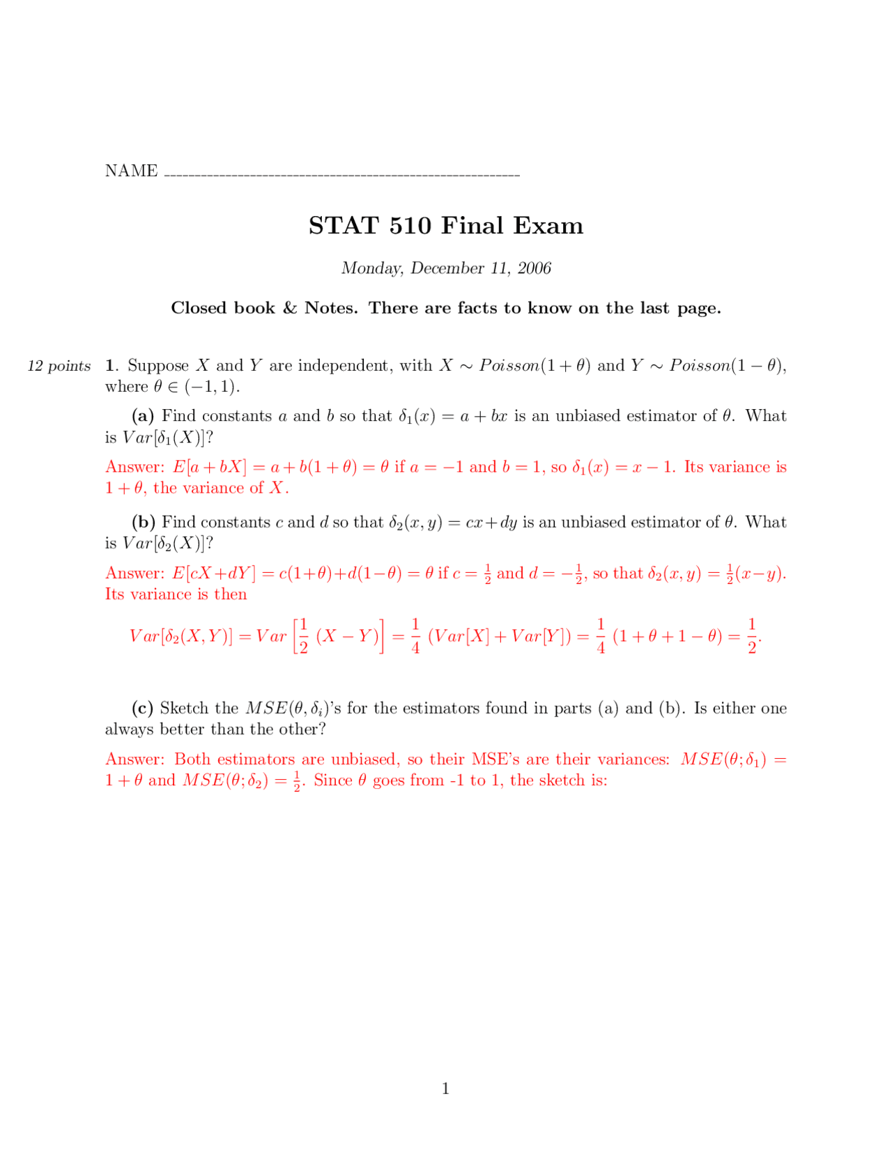 Mathematical Statistics I Final Exam Stat 510 Docsity