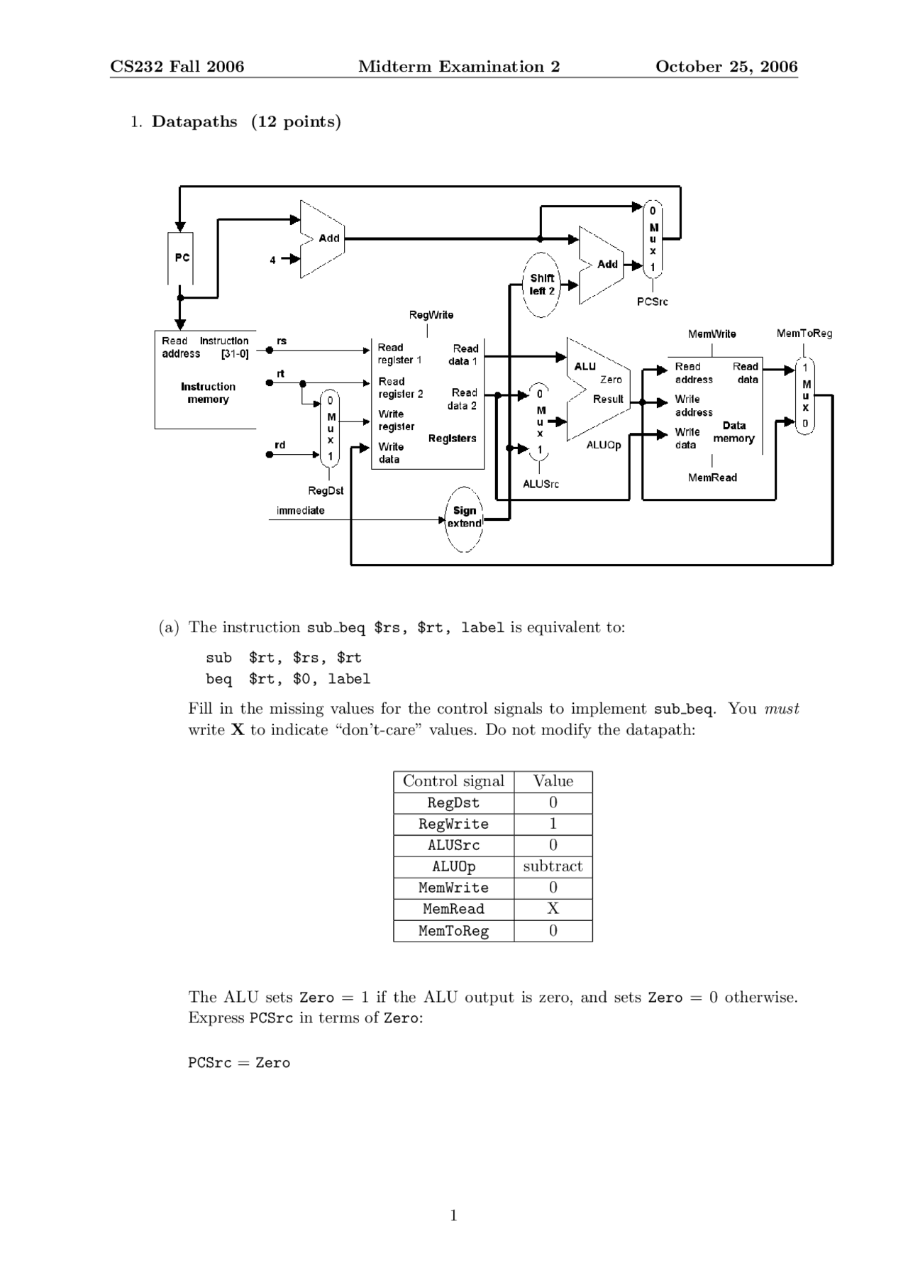 Midterm Exam 2 Data Paths Computer Architecture Ii Cs 232 Exams