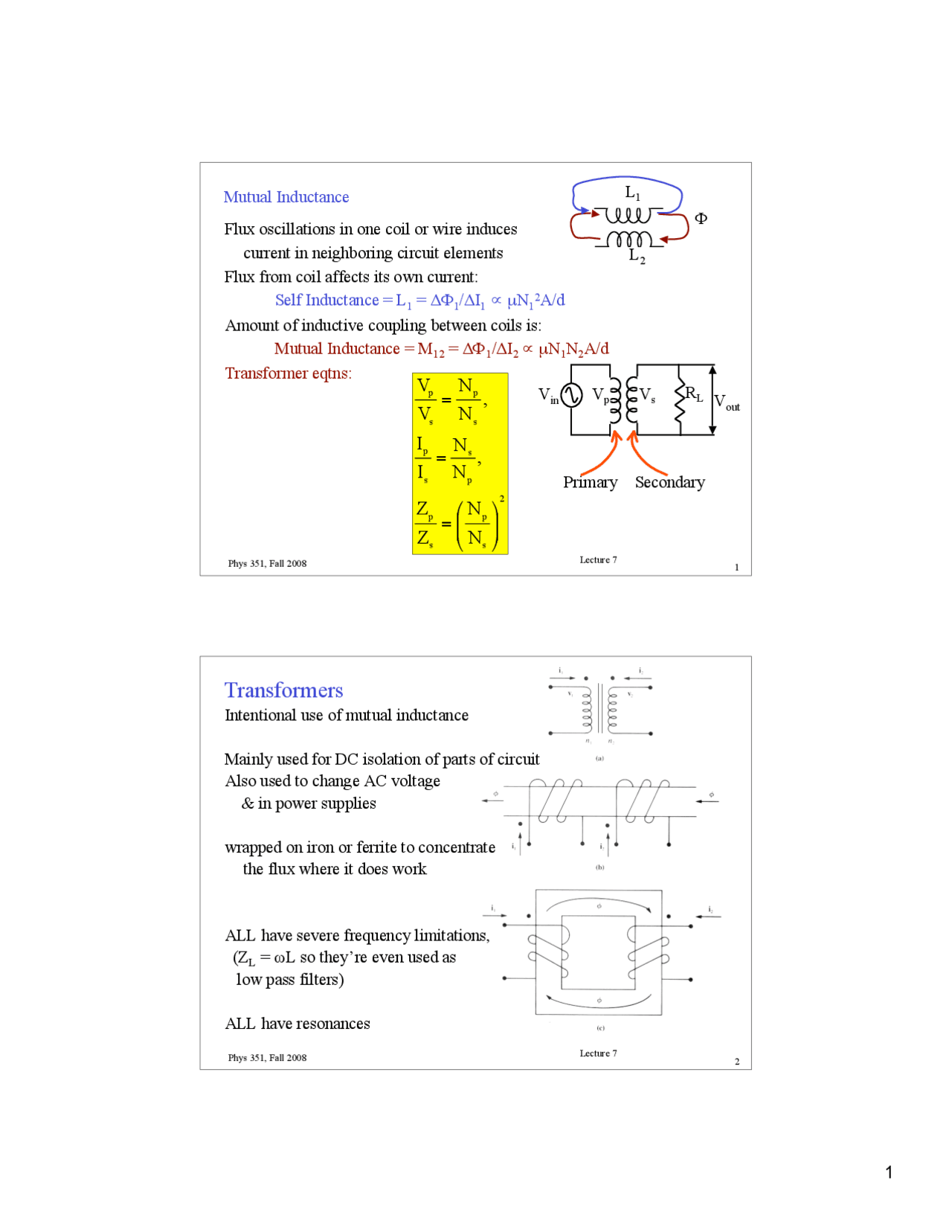 Mutual Inductance And Transformers Lecture Slides Phys 351 Docsity