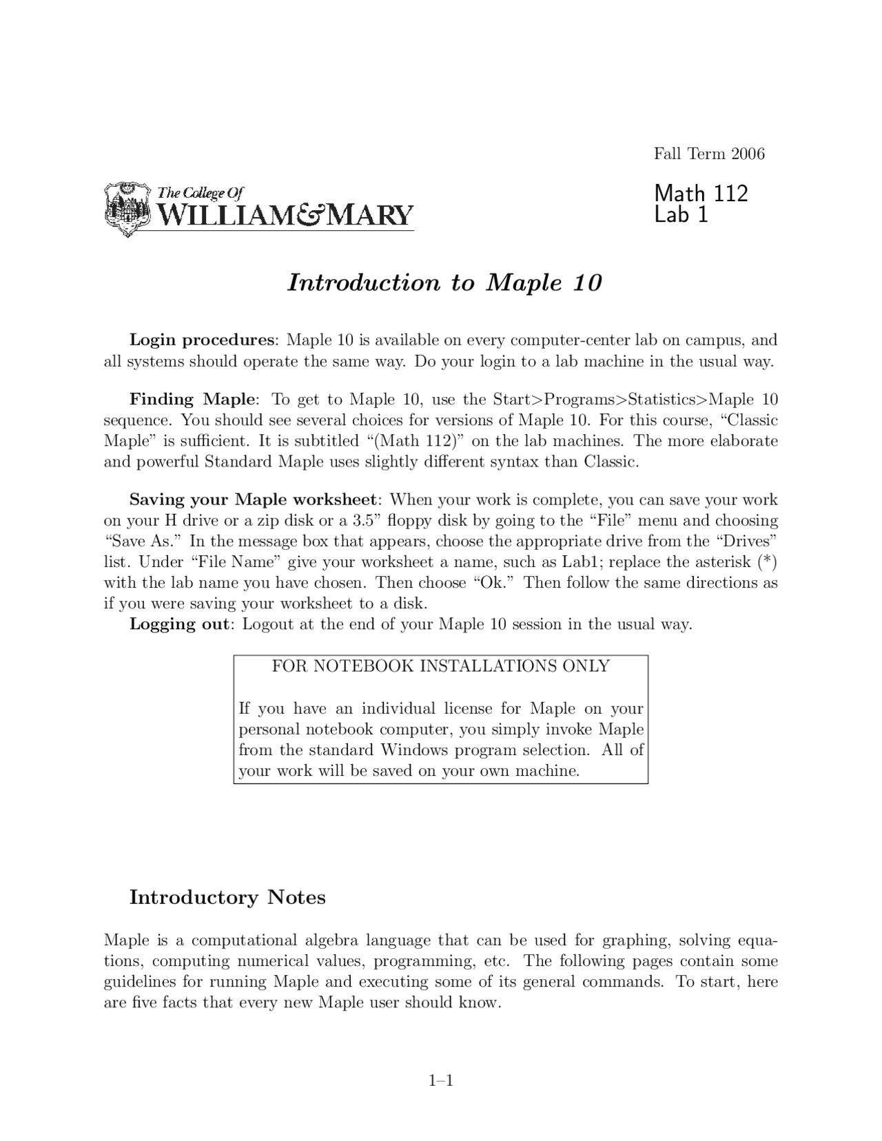 Introduction To Maple 10 Lecture Notes Math 112 Docsity