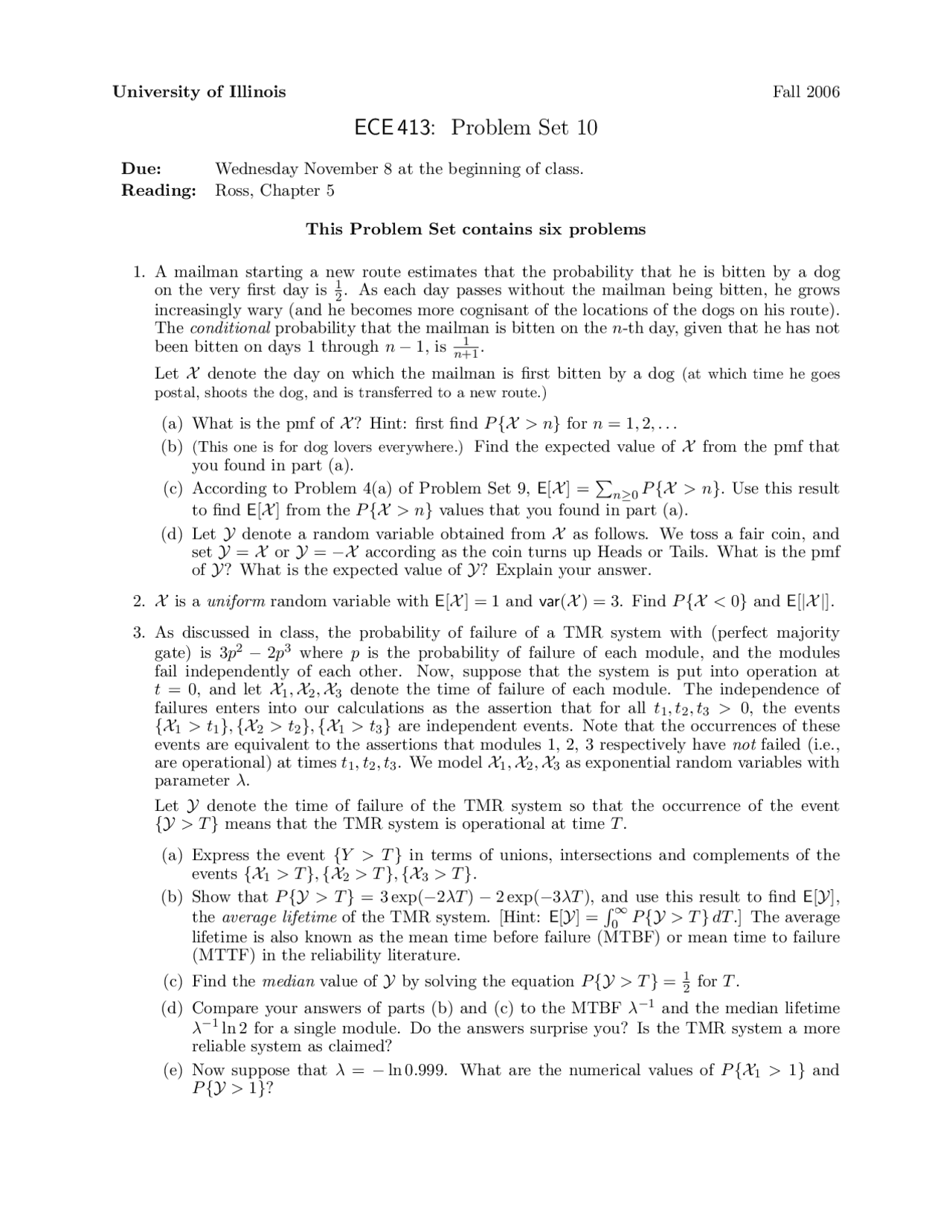 Problem Set 10 with 6 Questions - Probability with Engineering Application | ECE 313 - Docsity