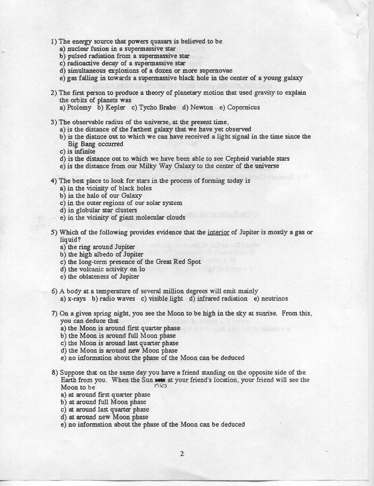 8 Multiple Choice Questions Introduction To Astronomy The Solar